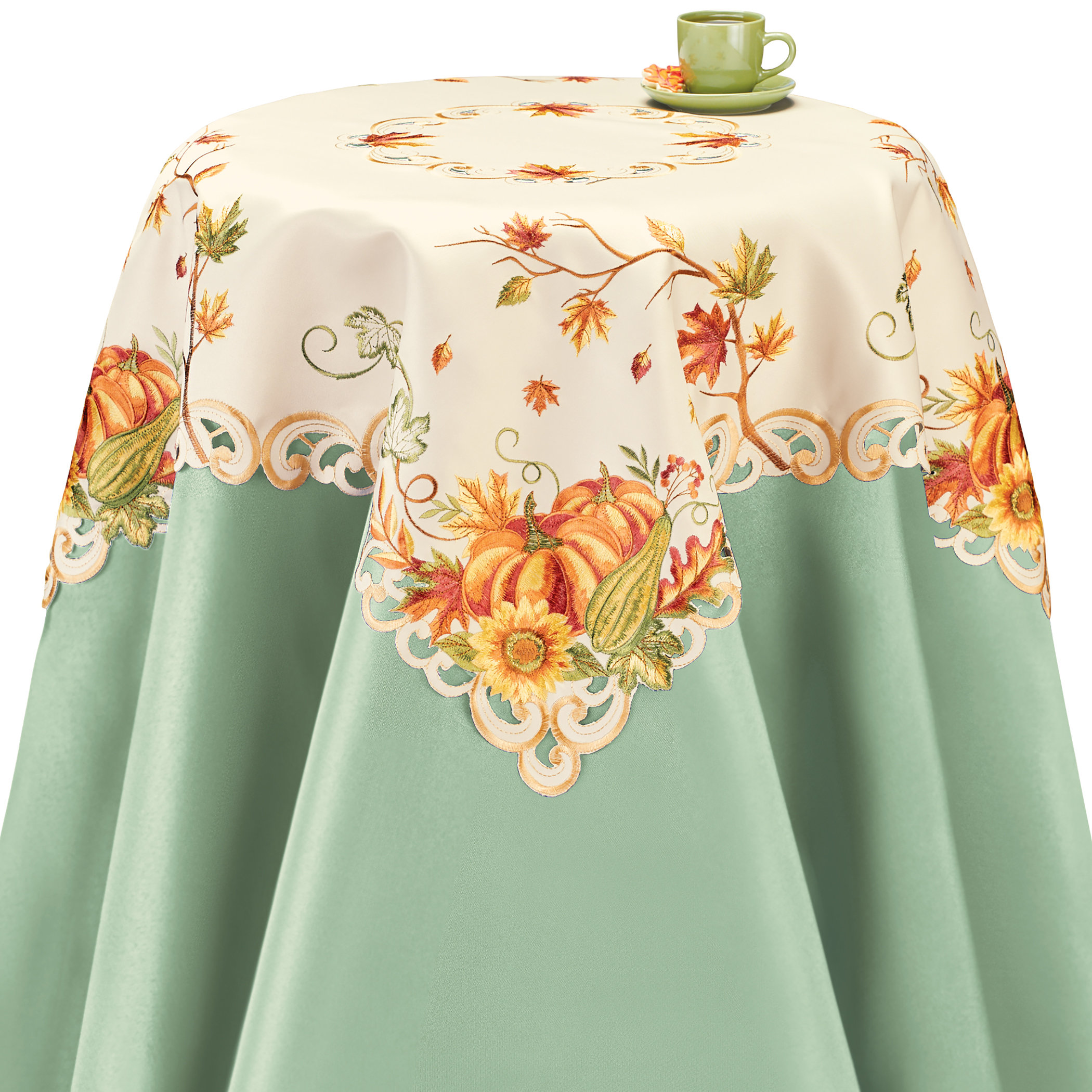 August Grove® Embroidered Pumpkin Floral Scroll Accents Table Linens ...