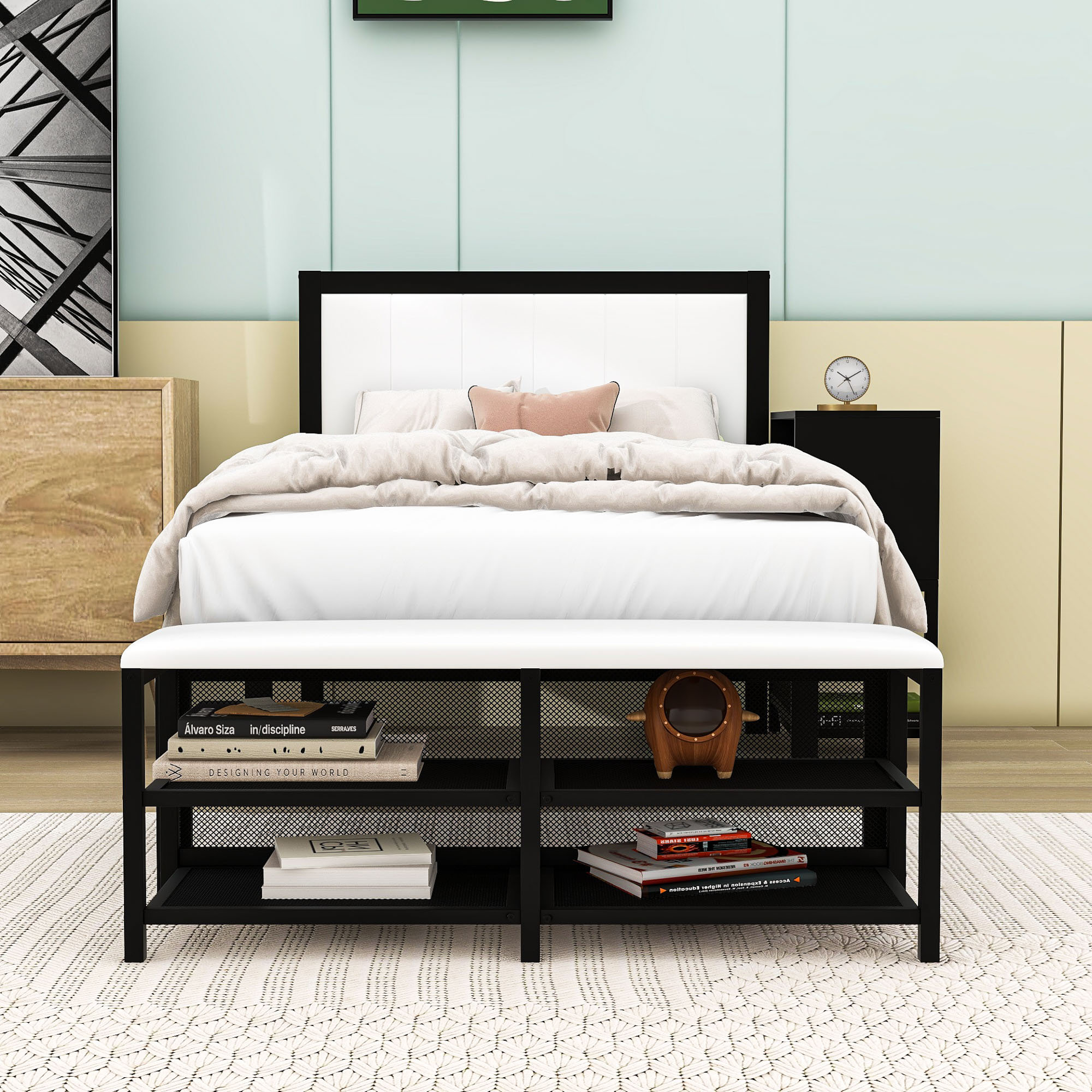 Latitude Run® Metal Platform Bed with 2-Tier Storage Shelves and Padded ...