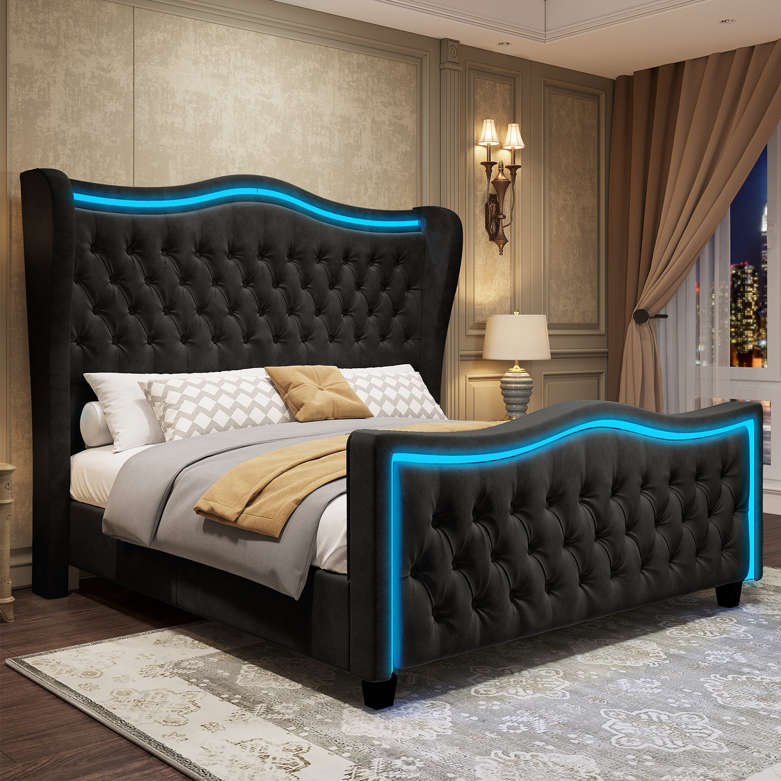 Wrought Studio™ Bed Frame With Led Lights, 53'' Upholstered Platform ...