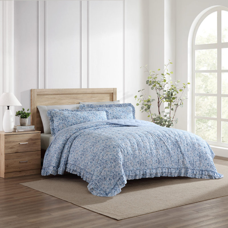 Laura Ashley Quartet Ruffled Blue Quilt Set & Reviews | Wayfair