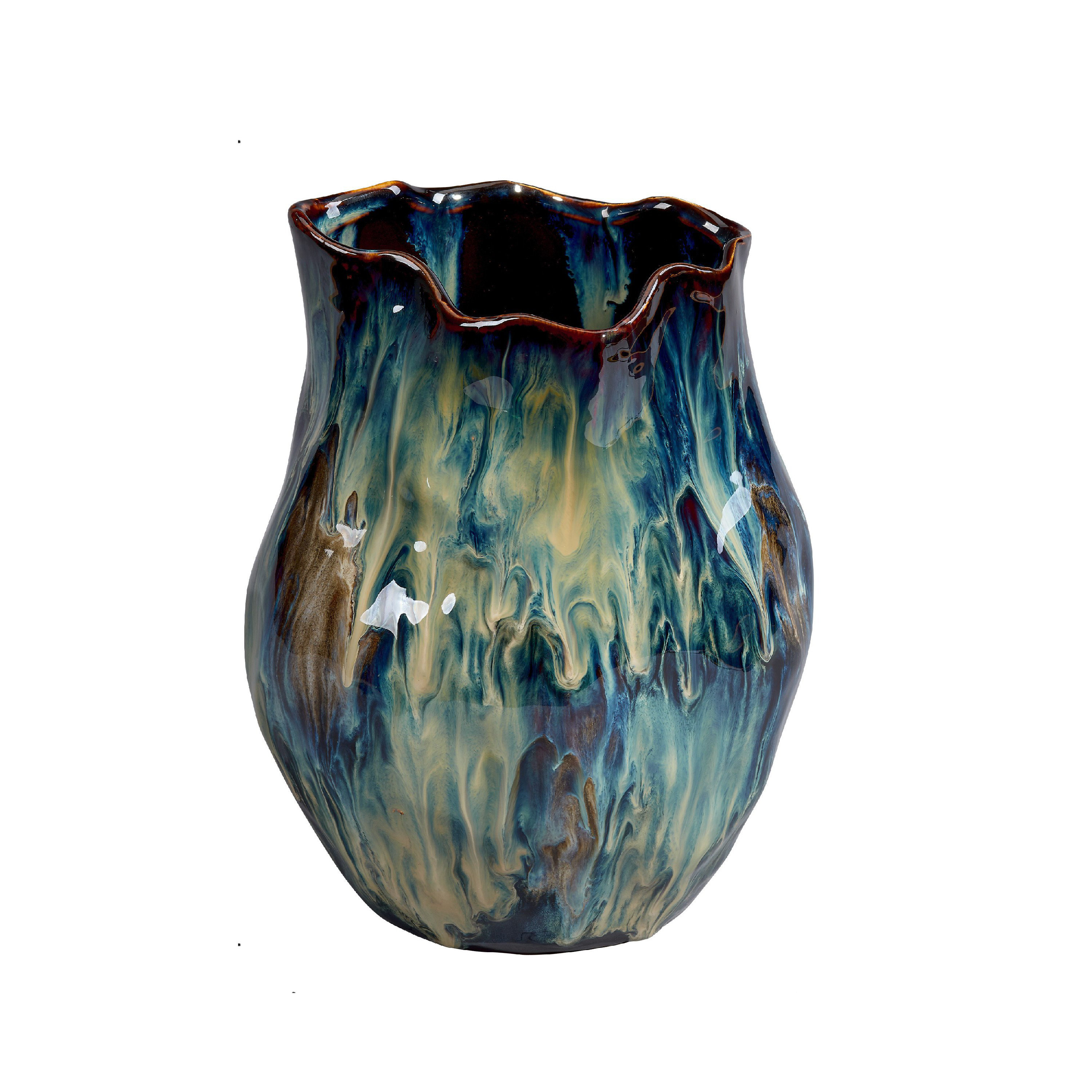 Benjara Fera Decorative Flower Vase, Ruffled Edge, 9 Inch Shiny Blue ...