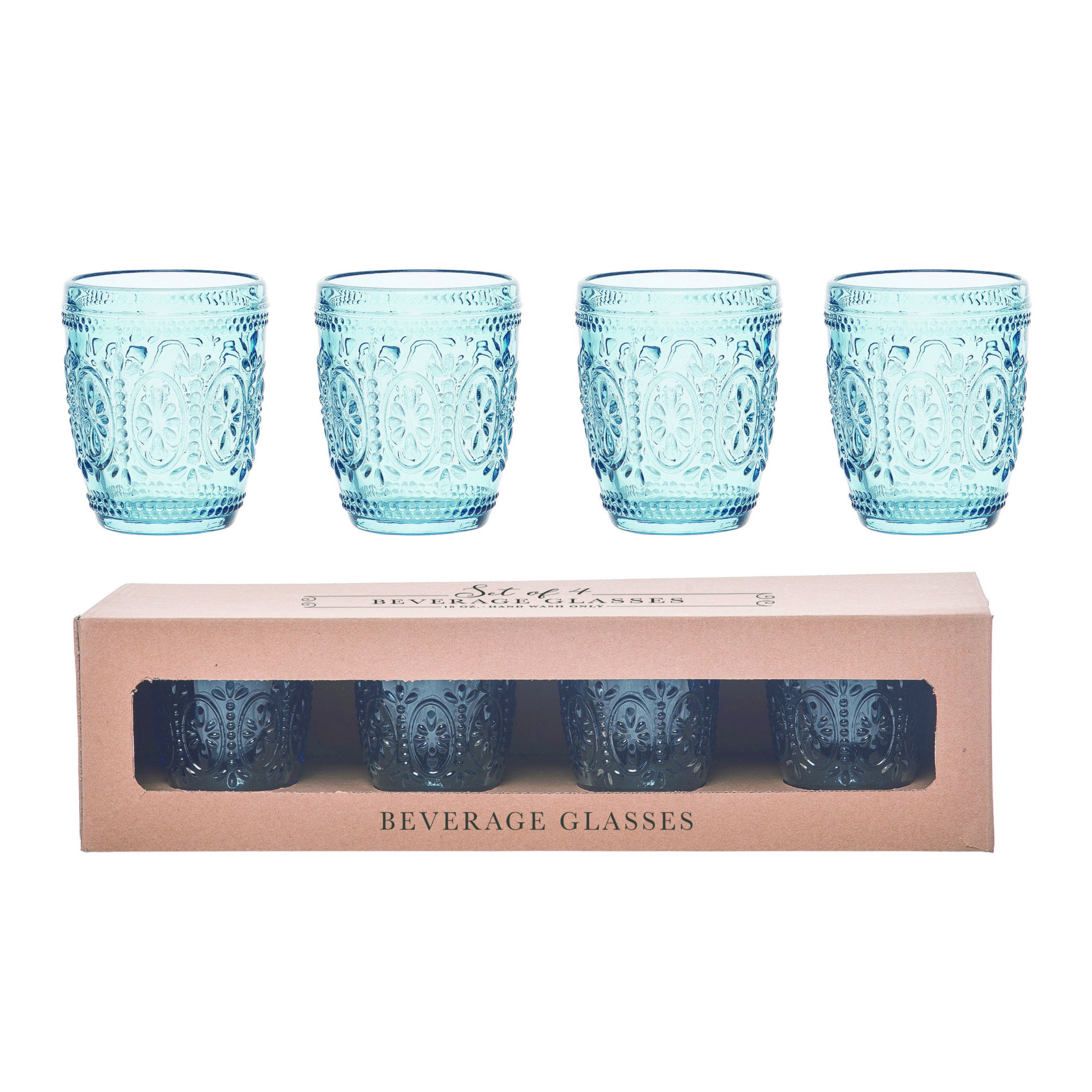 Bungalow Rose VIP Glass 17.3 in. Blue Embossed Beverage Glass Set of 4 ...