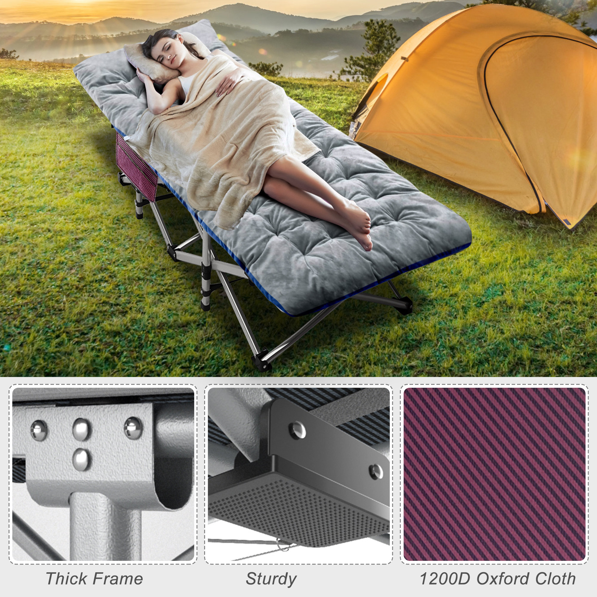 JTANGL Outdoor Indoor Wine Red Folding Bed Cot With 4d Pillow And ...