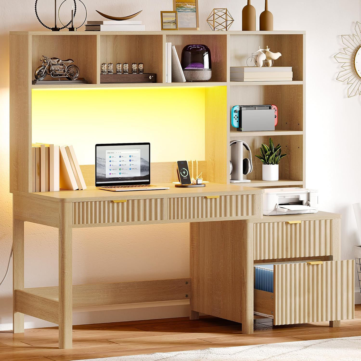 Hokku Designs Computer Desk With Hutch And Drawers, 55" Office Desk ...
