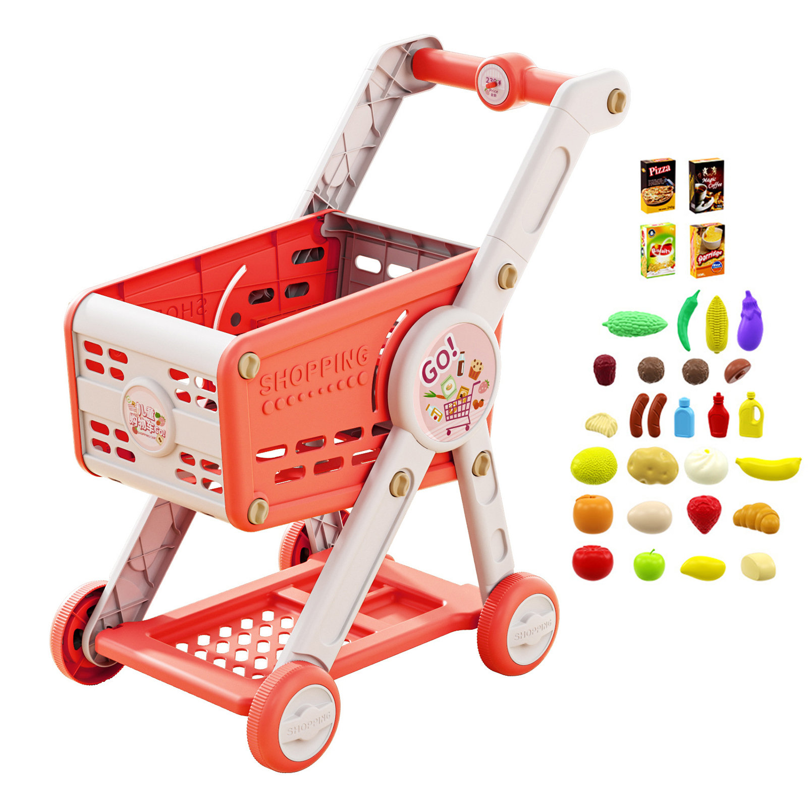 Latitude Run® Kids Shopping Cart Toy with 29 Fruit Vegetable Food ...