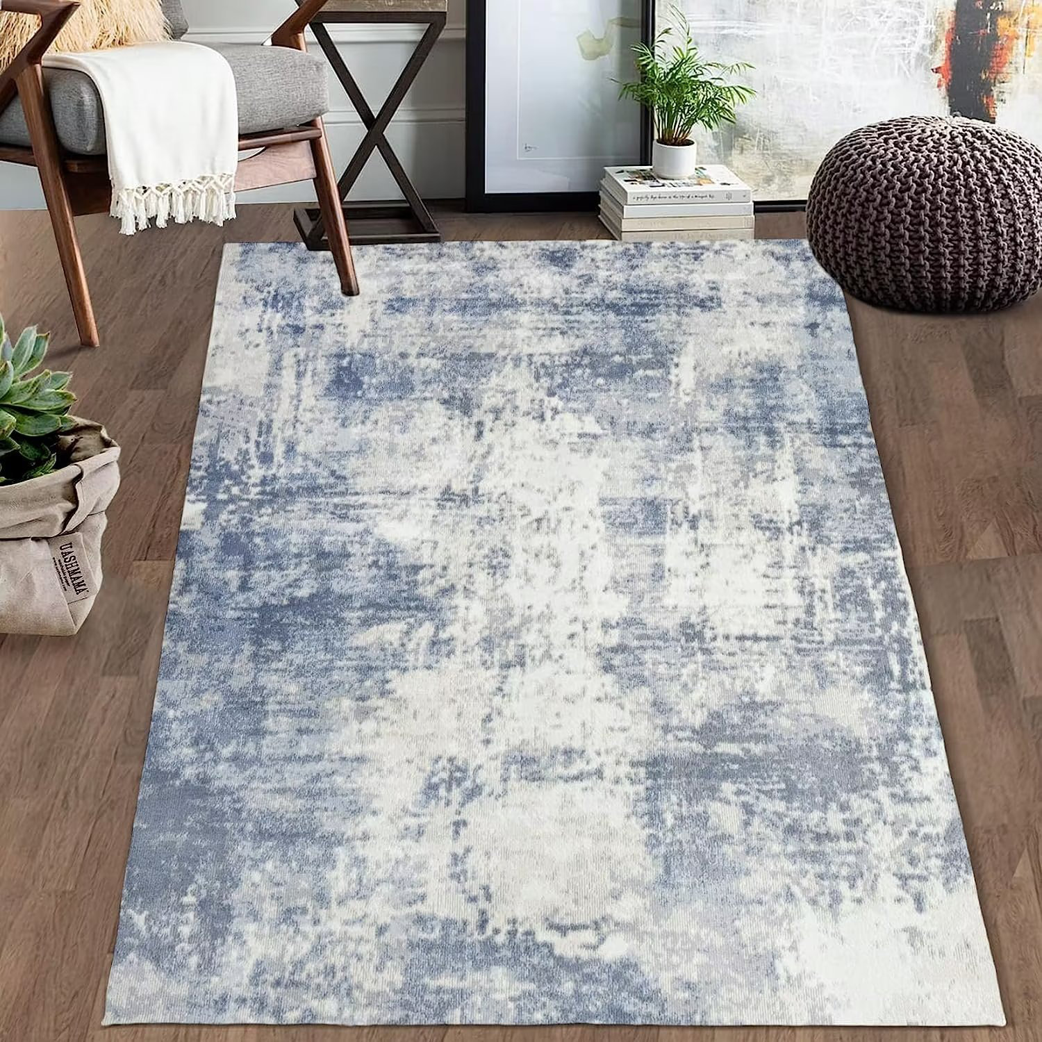 17 Stories Indoor Abstract Area Rug Blue Distressed Floor Cover Indoor ...