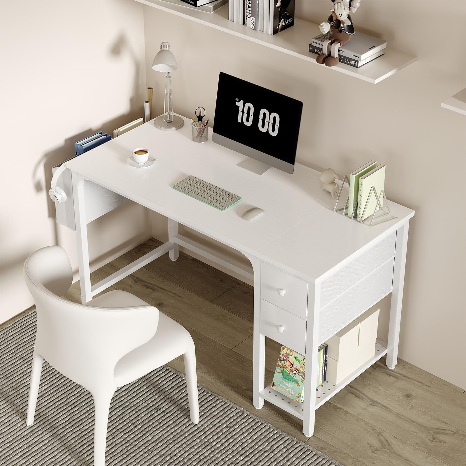 Ebern Designs Lufeiya White Small Desk With Fabric Drawers, 47 Inch ...