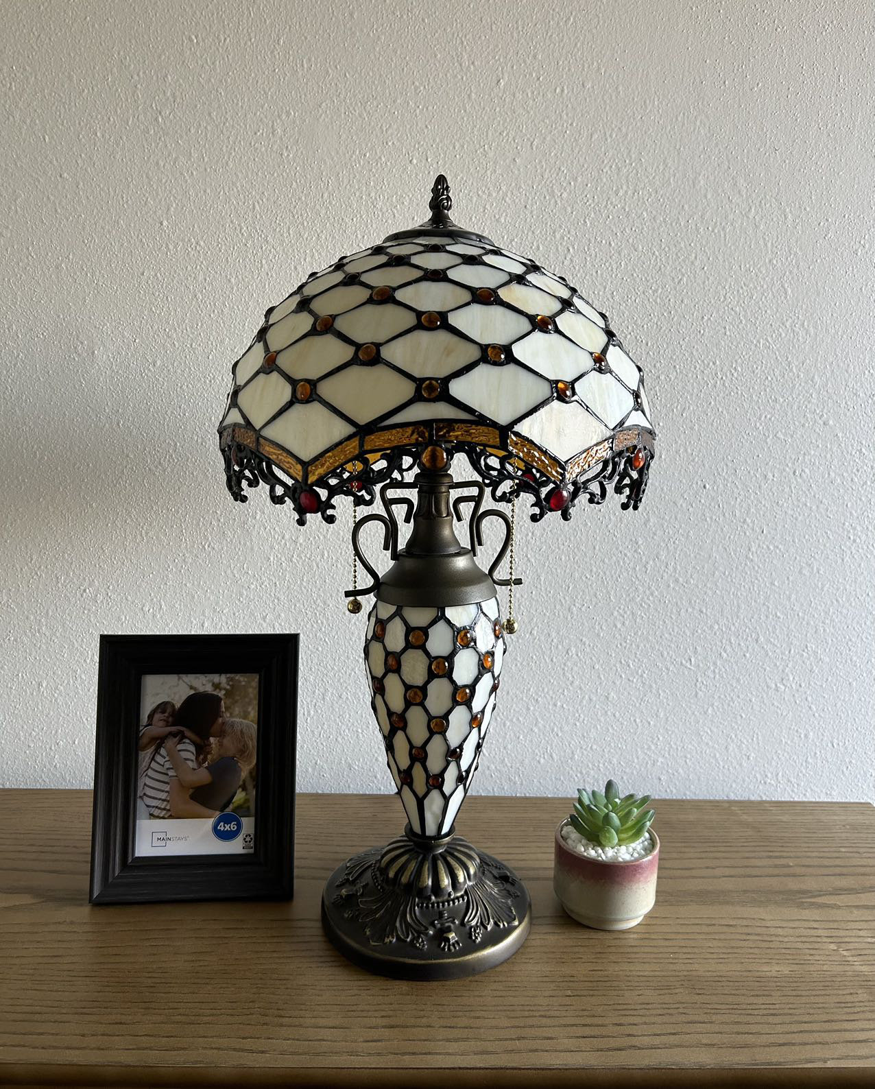 Fleur De Lis Living Simonson Tiffany Table Lamp Beige Stained Glass ...