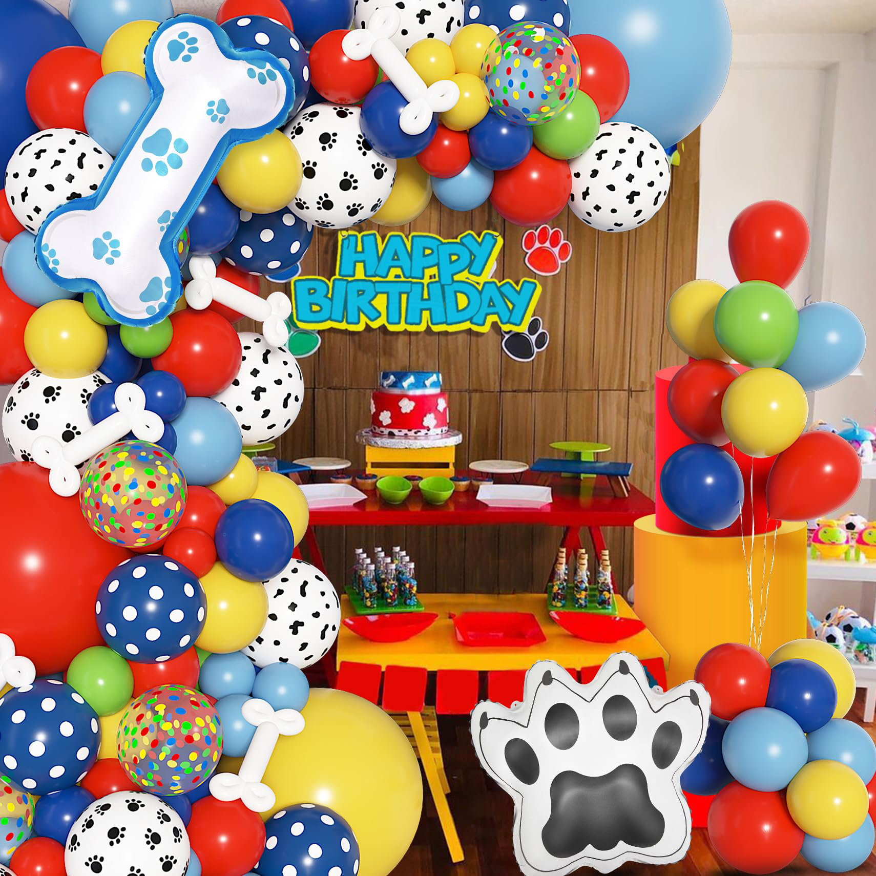 Zeki Shoggy 155Pcs Paw Balloons Garland Arch Kit, Dog Bone Paw Print Foil Balloons Red Yellow ...