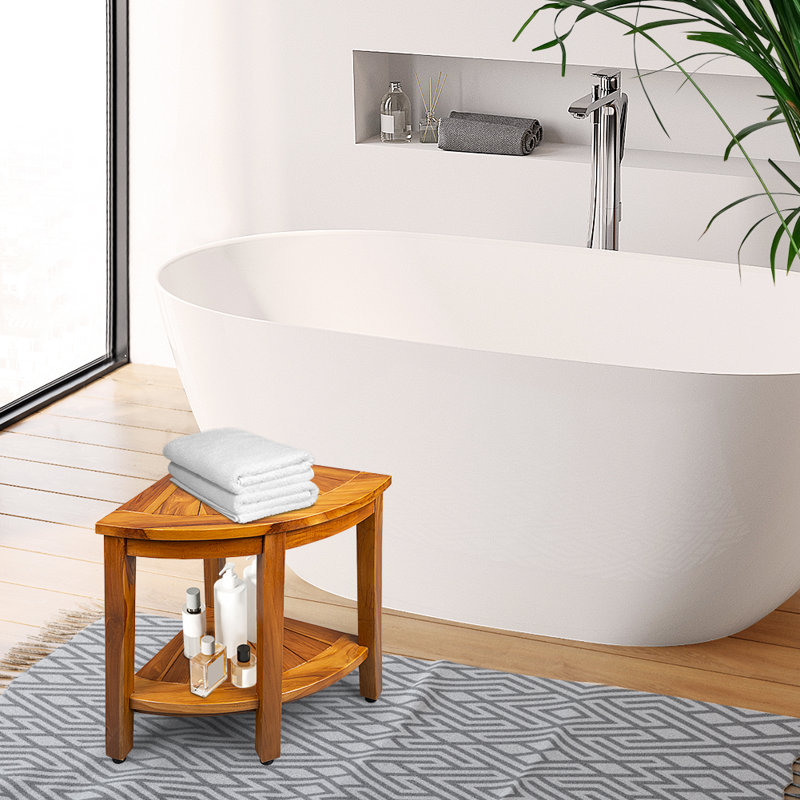 Wade Logan® Lamis 16'' W Teak Corner Shower Stool & Waterproof Shower ...