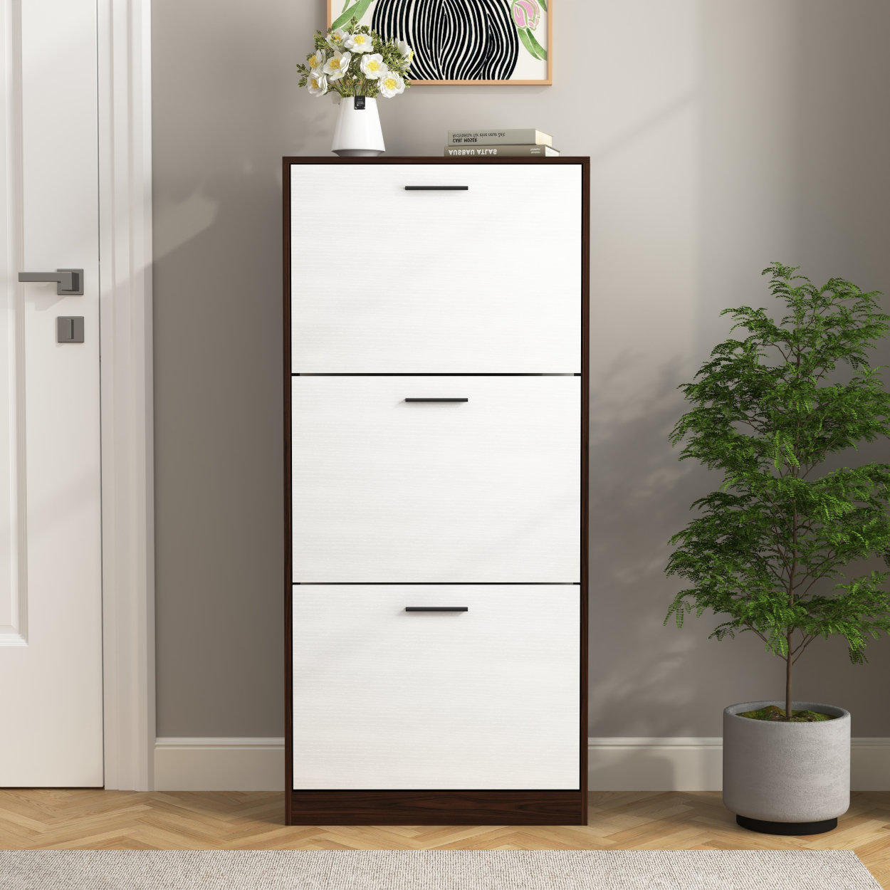 Ebern Designs Shoe Storage Cabinet With 3 White Panel Flip Drawers ...