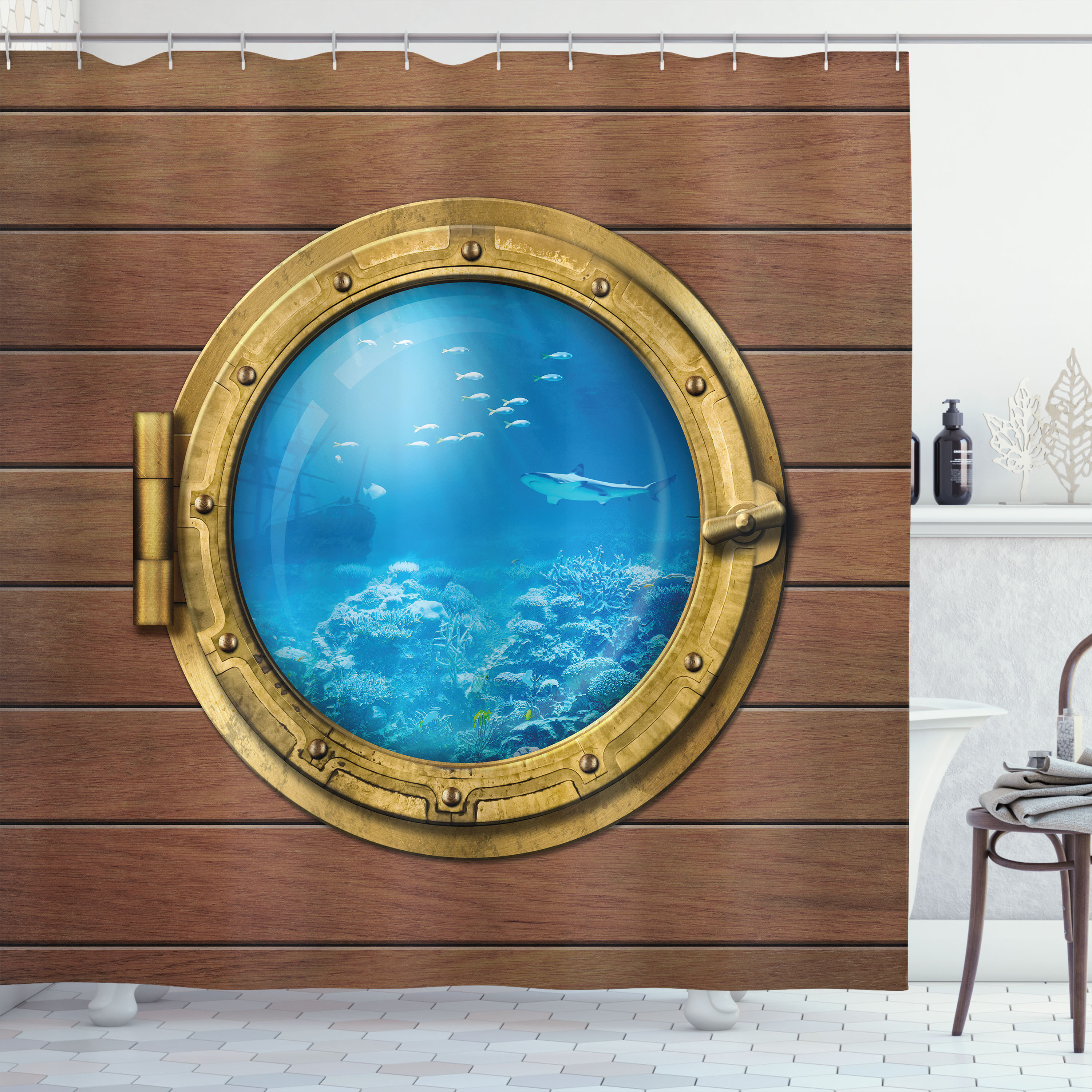 East Urban Home Shark Shower Curtain Submarine Chamber Window Pale ...