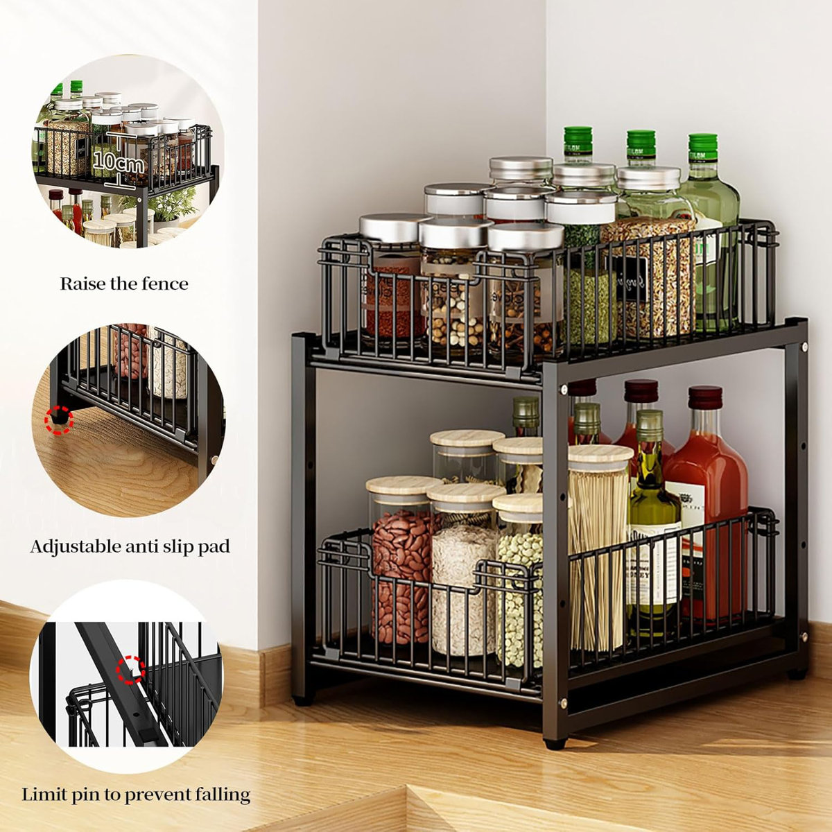 HAPPY LIFE Sliding 2-Tier Cabinet Organizer With Rust-Proof Shelves ...