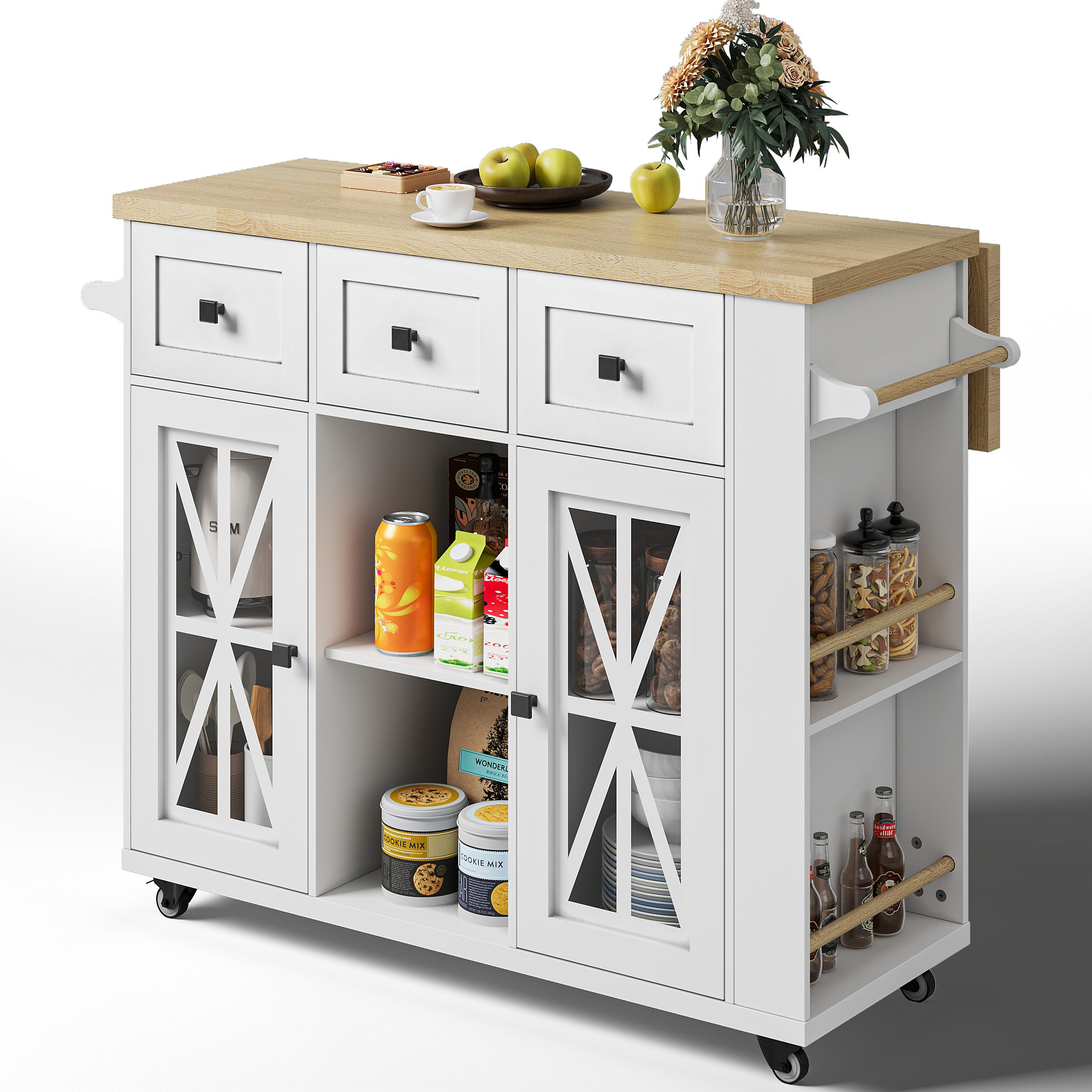 Gracie Oaks Farmhouse Style 41.3’’ L Wooden Mobile Kitchen Island With ...