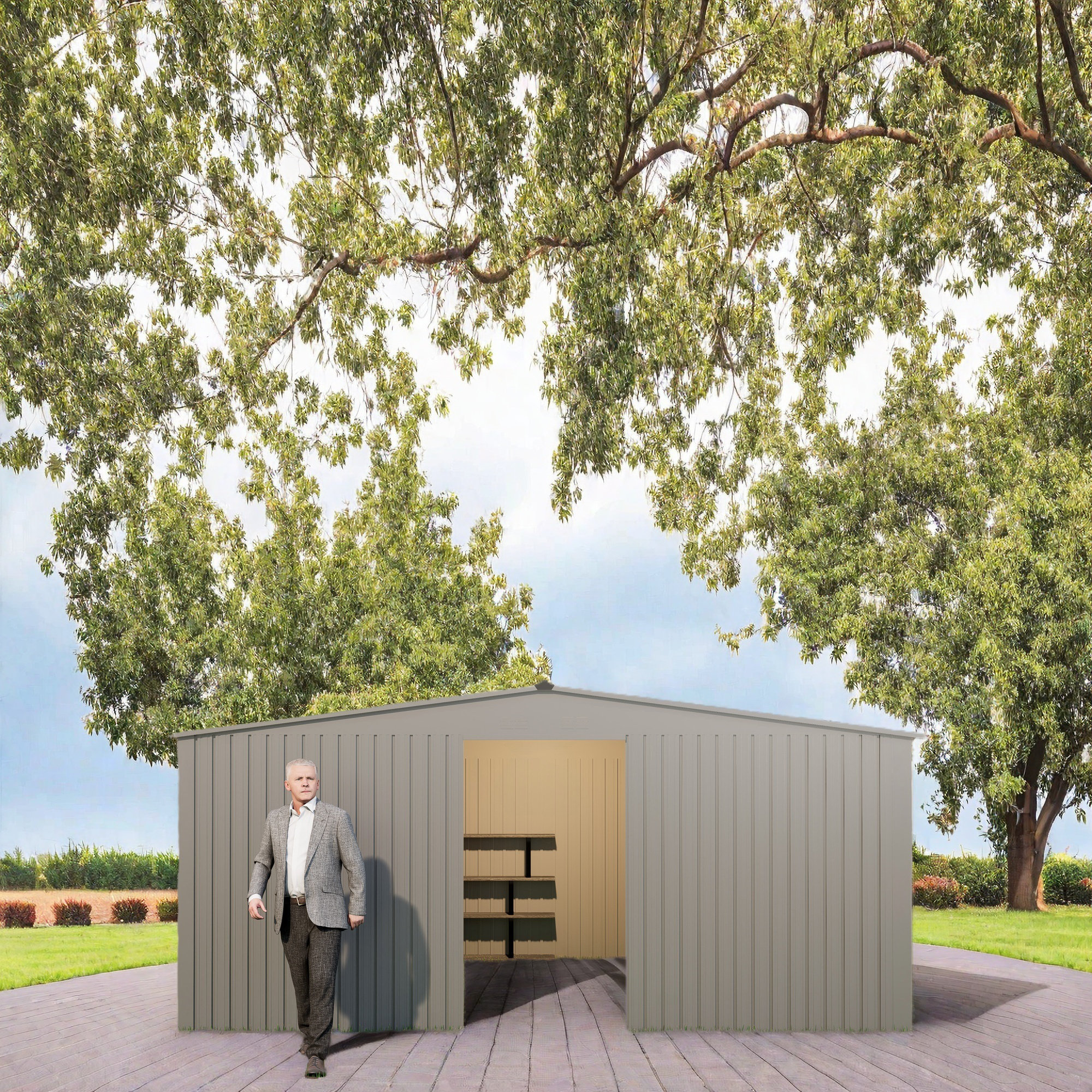 TRADROU Outdoor Metal Storage Shed with Firewood Rack, Punched Air ...
