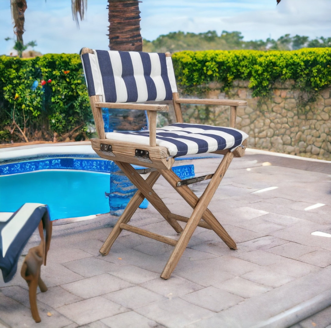 Longshore Tides Blue And White And Brown Solid Wood Director Chair With ...