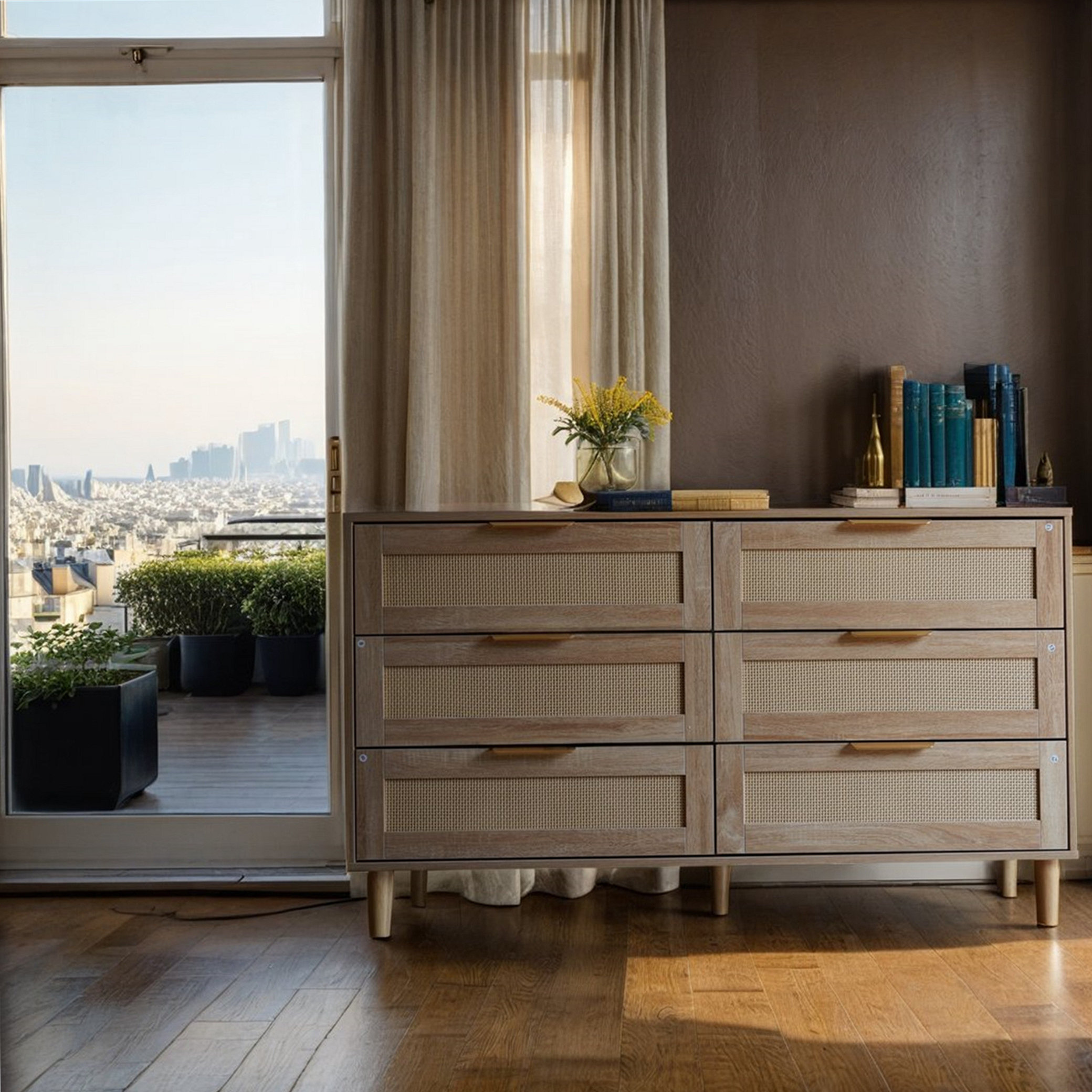 House On Tree Modern 6 Drawer Rattan Dresser, Double Dresser with Gold ...