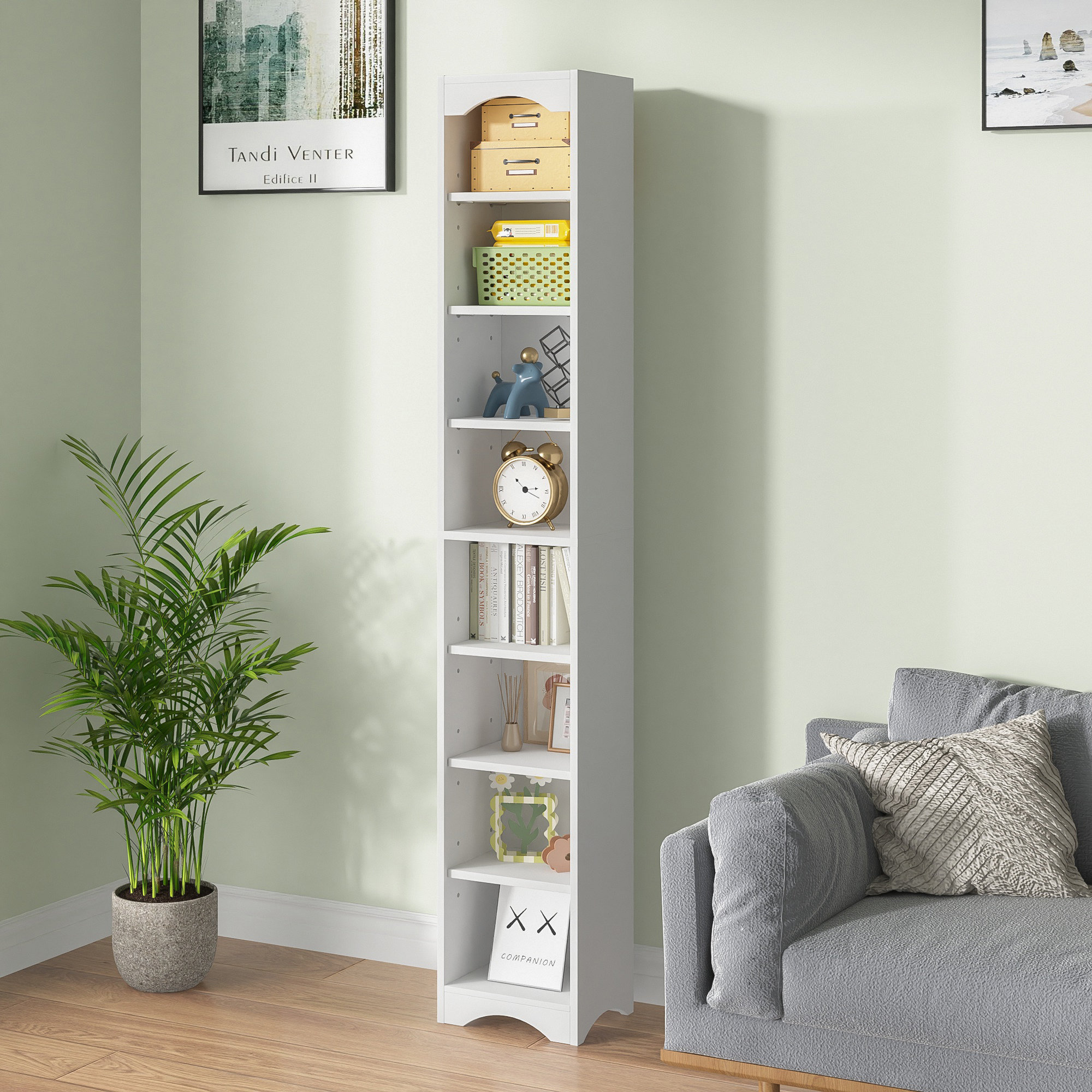 Winston Porter 8-Tier Corner Bookshelf, Tall Narrow Bookcase for Small ...