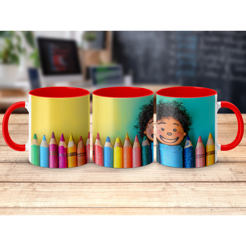 East Urban Home Set of 3 Kids Drawing Style 11oz Accent Mugs – White ...