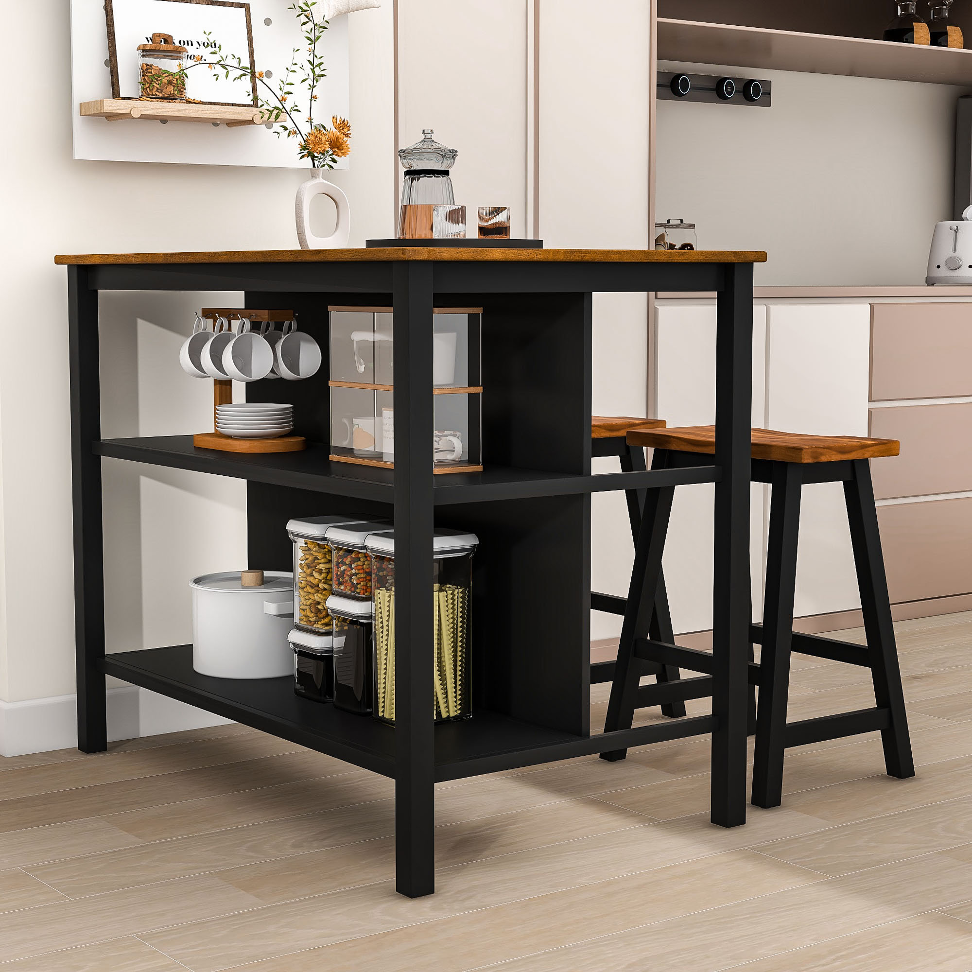 17 Stories Jakori Rustic Wood 3-piece Kitchen Island Set with Butcher ...