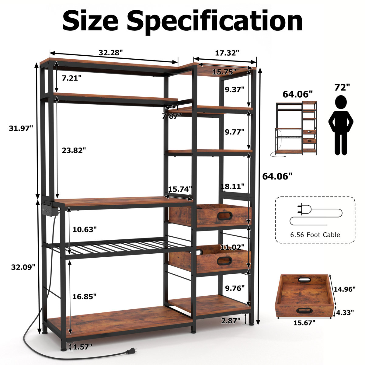 NAIYUFA Wide 49.6'' Metal Standard Bakers Rack With Wine Racks And Wood ...