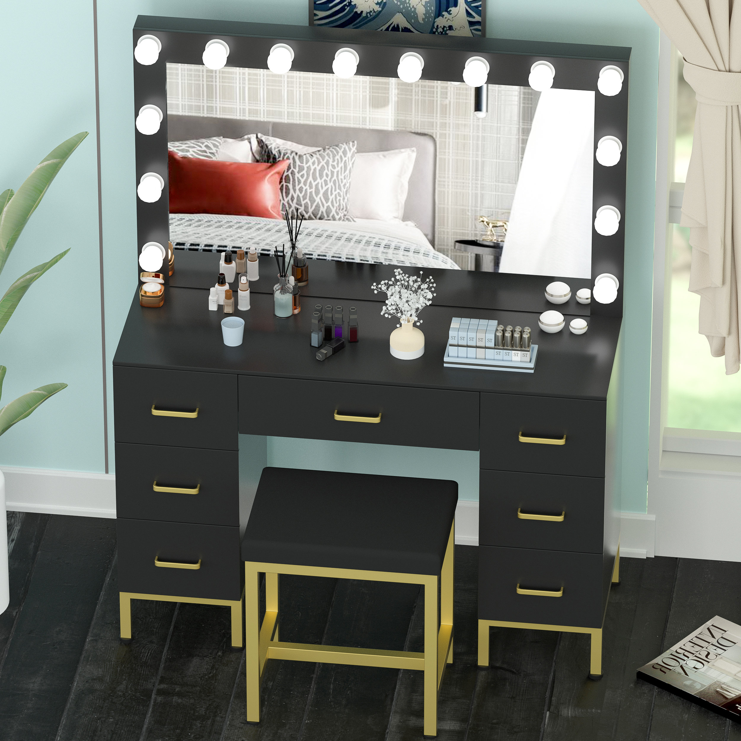 Mercer41 Lynae 44" Large Makeup Vanity with LED Bulbs and Lots of ...