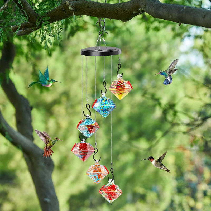Arlmont & Co. Hand Blown Glass Hummingbird Feeder - Charming Wind Chime ...