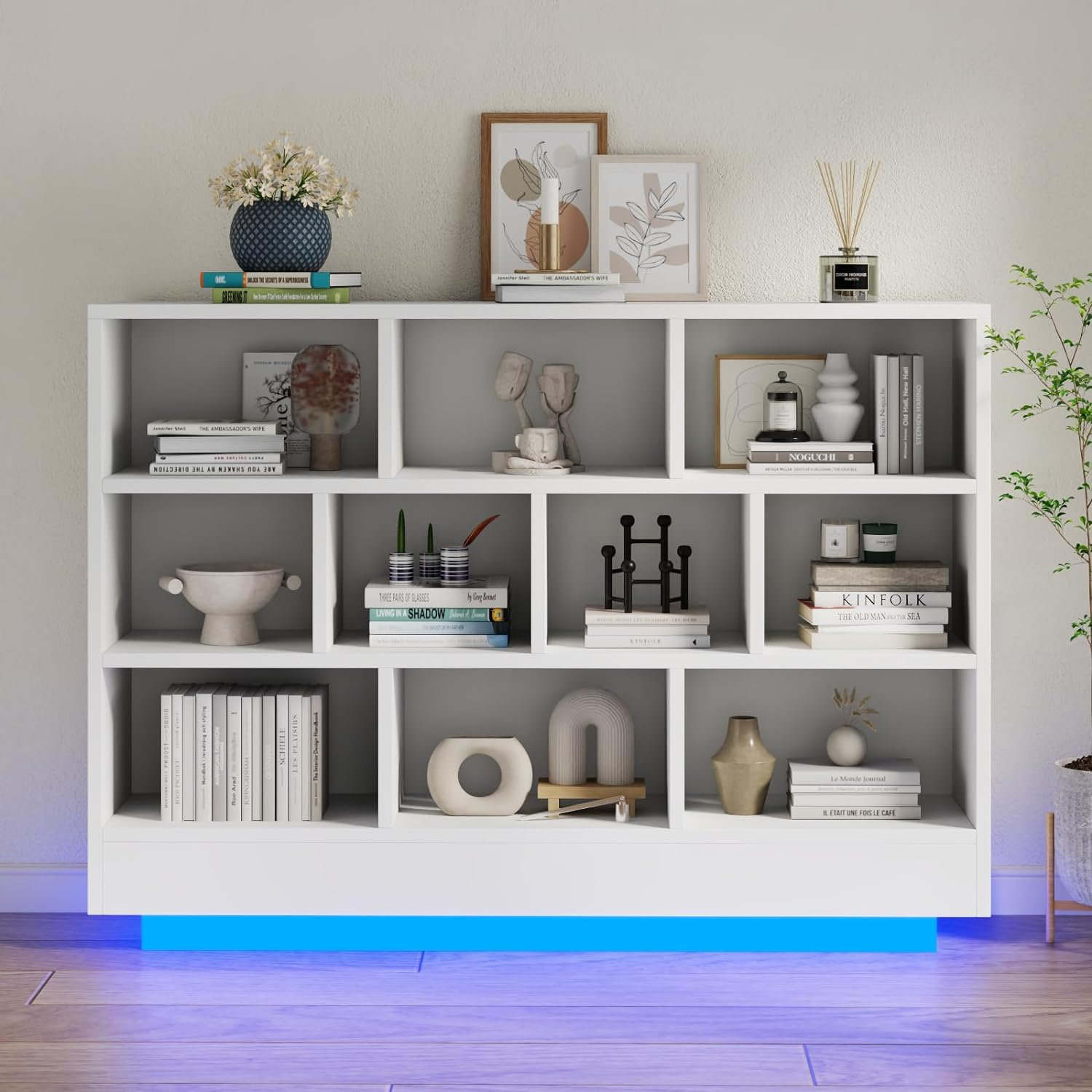 Wrought Studio Bianco Floating Bookcase, 10 Cube Bookcase with LED ...