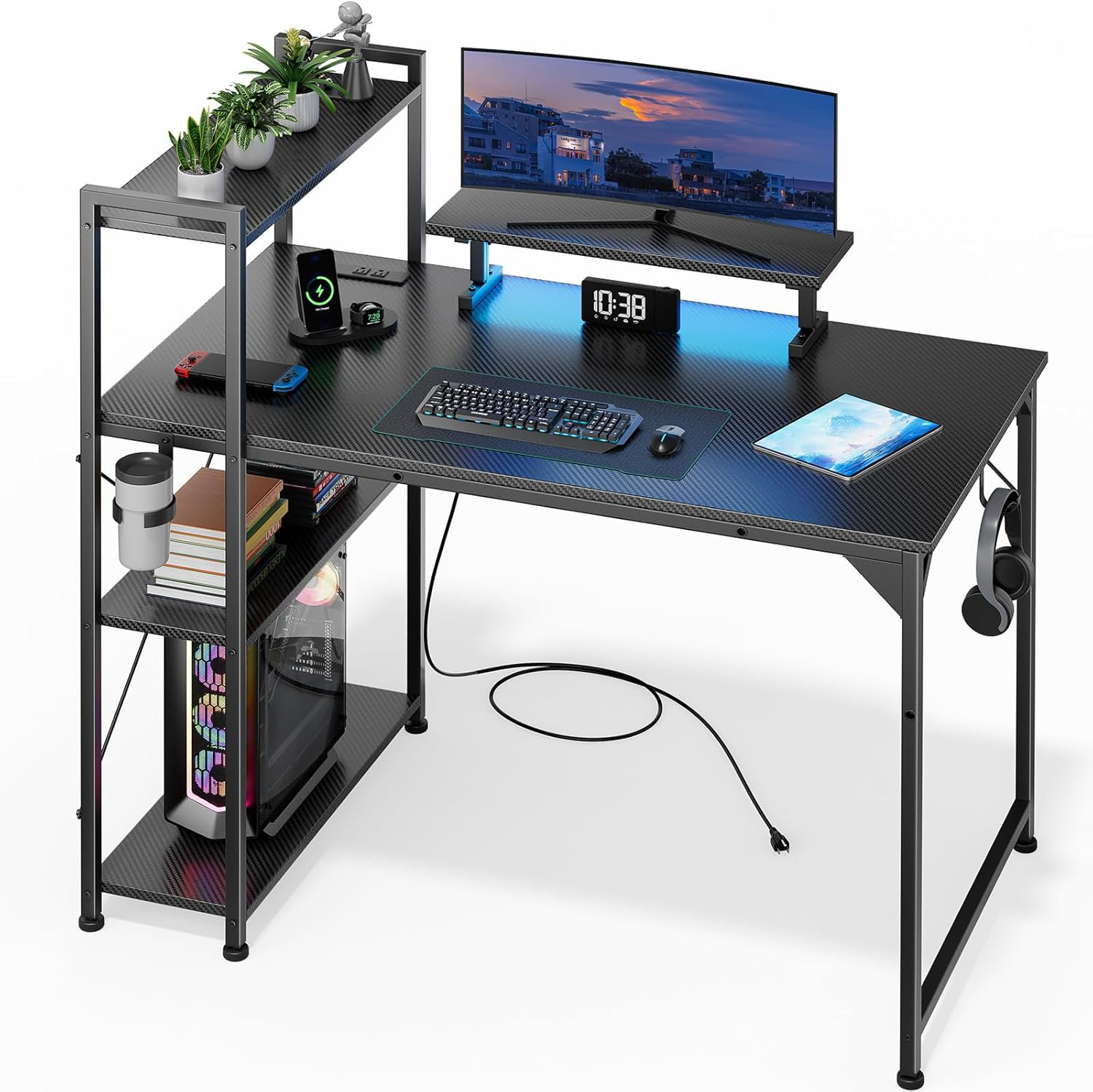 Ivy Bronx Computer Desk with LED Light, Gaming Desk with Reversible ...