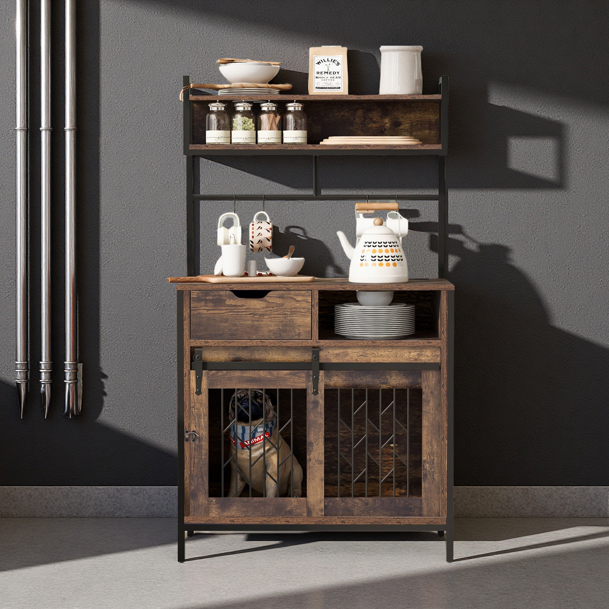 Archie & Oscar™ 2 IN 1 Rustic Dog Crate Side Cabinet Organizer, Hutch ...