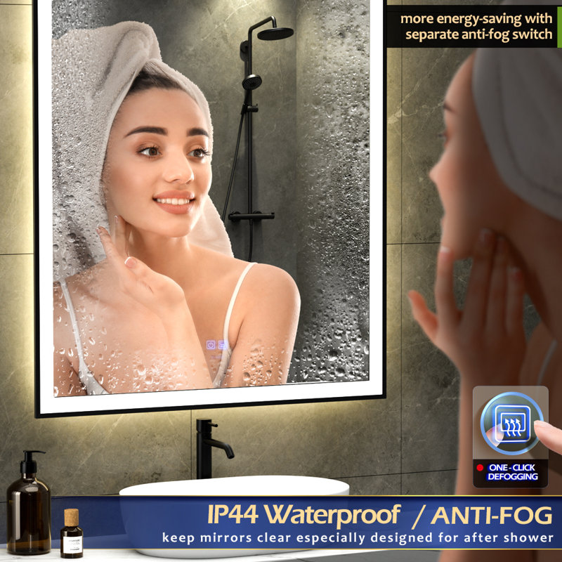 Orren Ellis LED Black Framed Bathroom Vanity Mirror, Illuminated ...