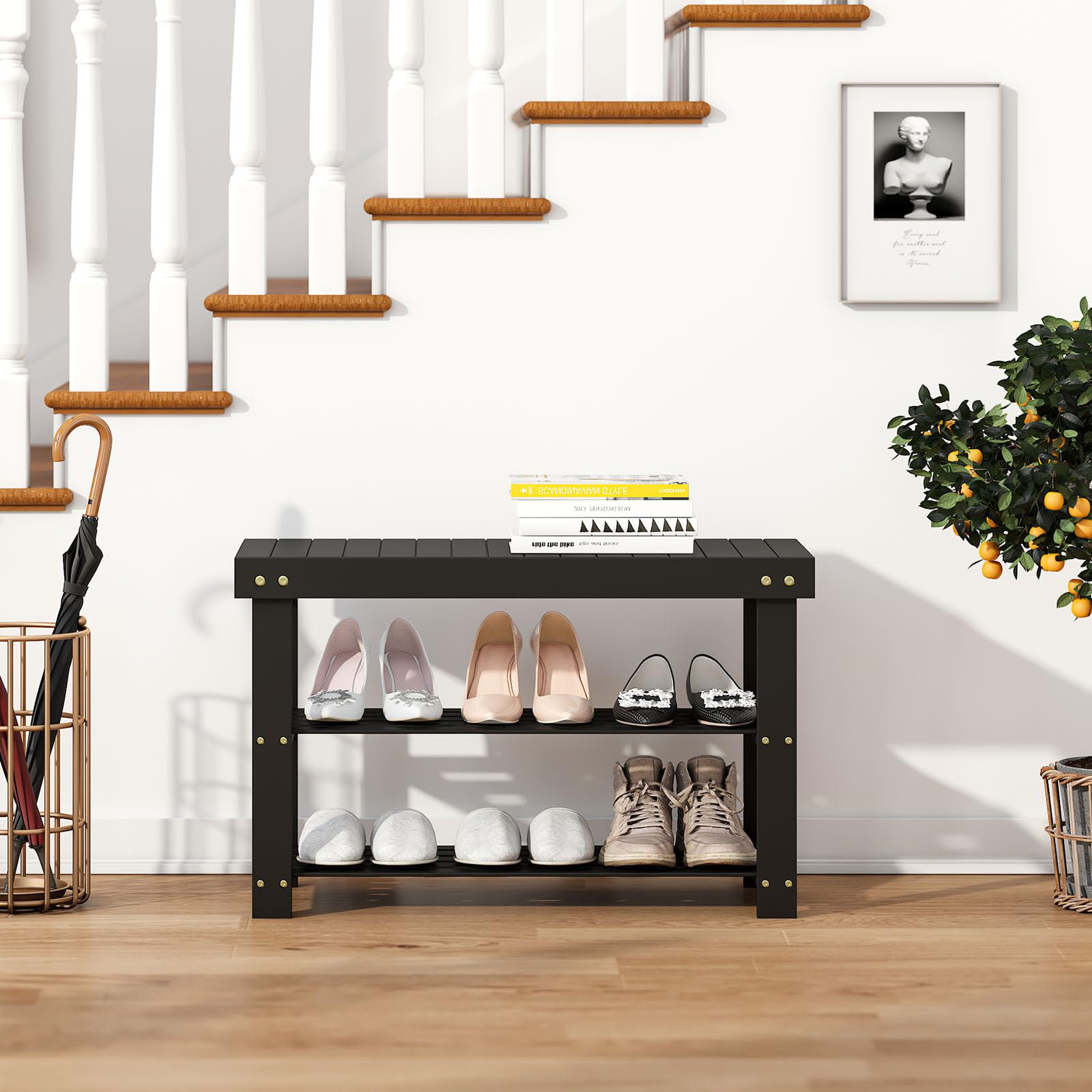 Lark Manor™ Bamboo Three-Tier Shoe Rack Entryway Bench, High Quality ...