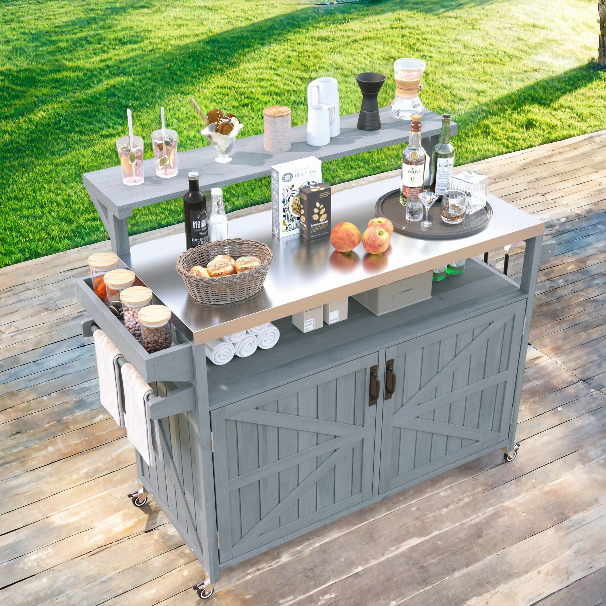 Gracie Oaks Outdoor Kitchen Island With Raised Shelf, Stainless Steel ...
