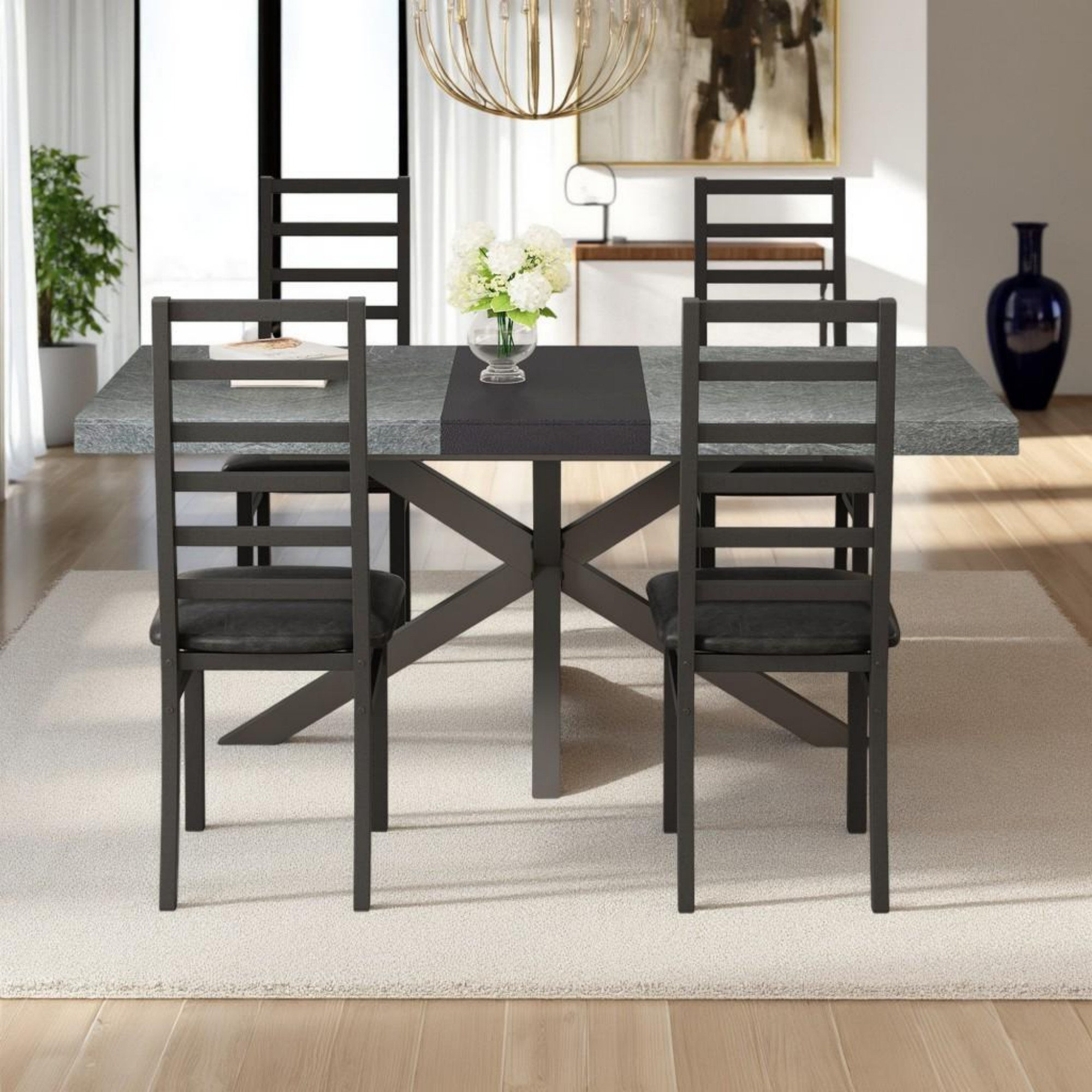17 Stories 5-Piece Retro Rectangular Stretch Dining Table Set 4 Metal ...