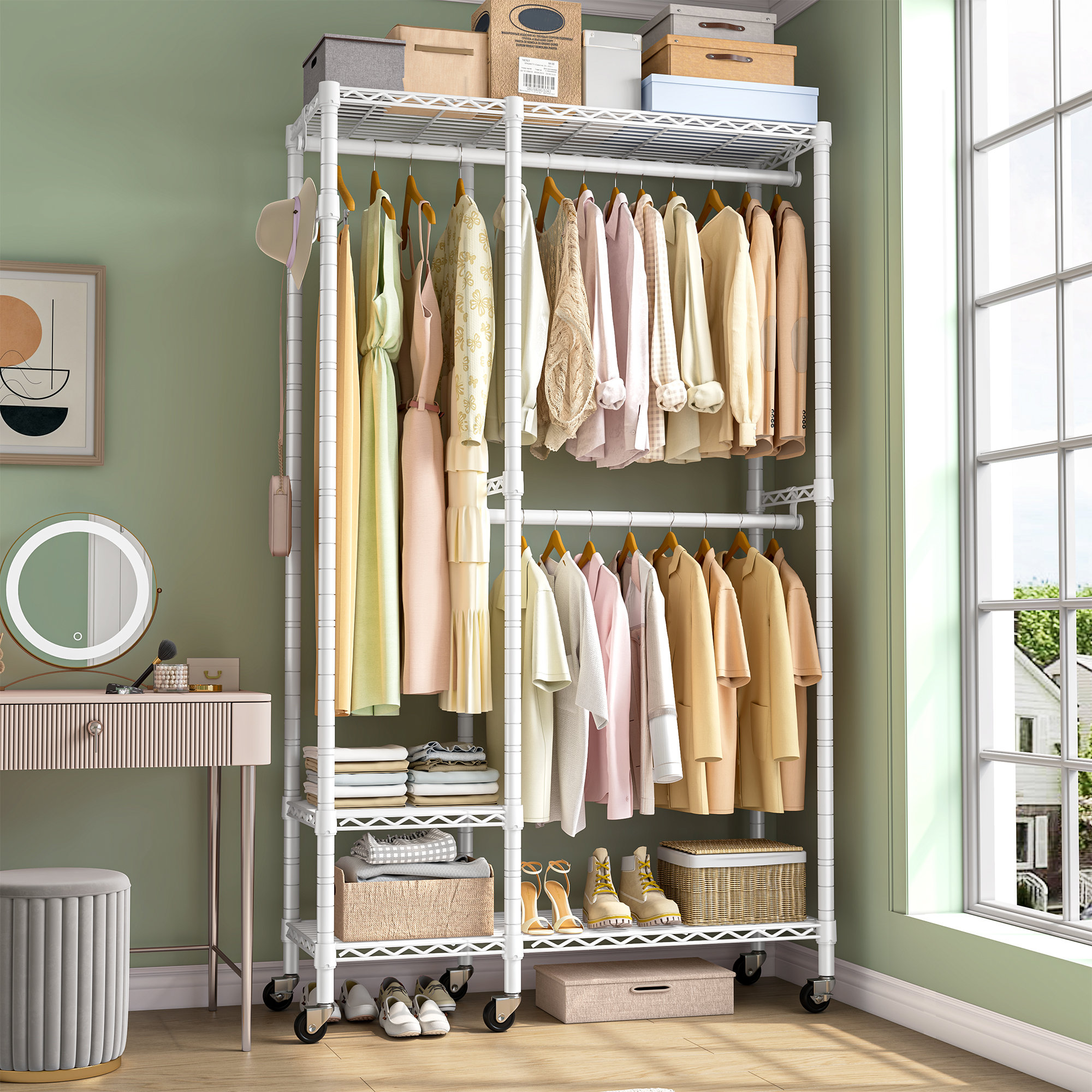 Rebrilliant Maiga Clothing Racks Metal Clothes Rack with Wheels Heavy ...