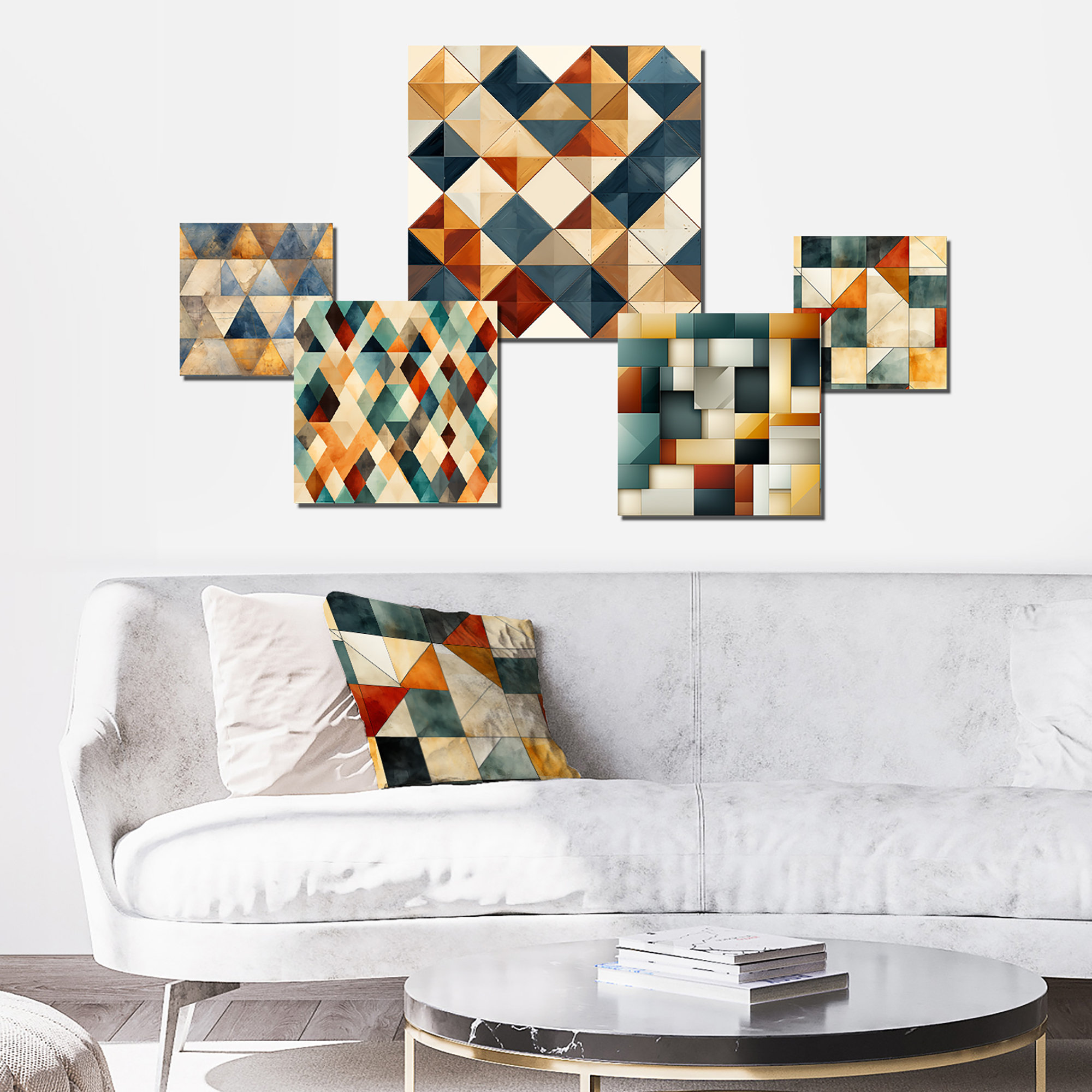 Design Art Beige And Blue Triangles Mosaic - Geometric Wall Art Set Of ...