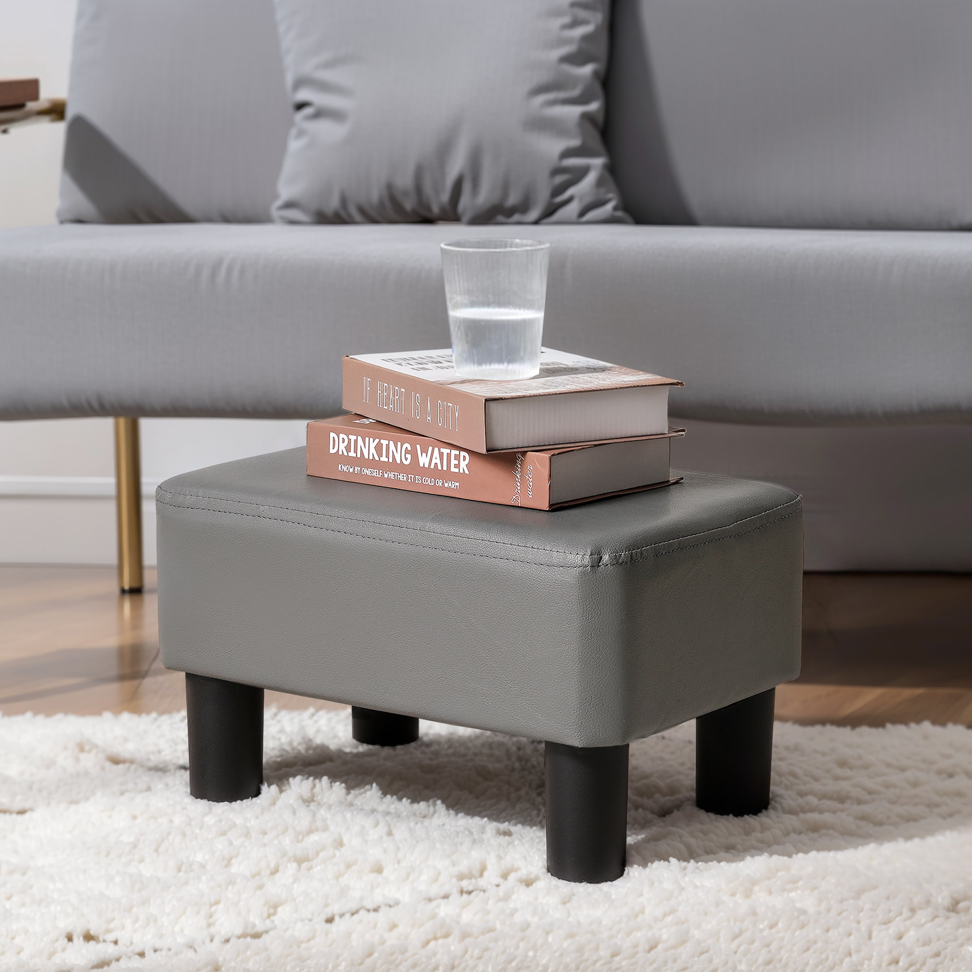 Ebern Designs Leather Ottoman Small Footstool Rectangle Stool With ...