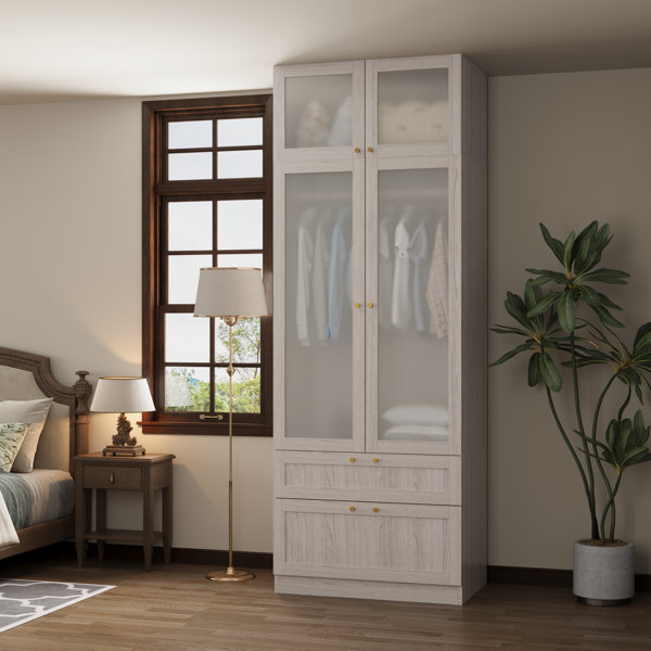 Gracie Oaks Modern Wardrobe With Top Cabinet, Frosted Glass Doors, And ...