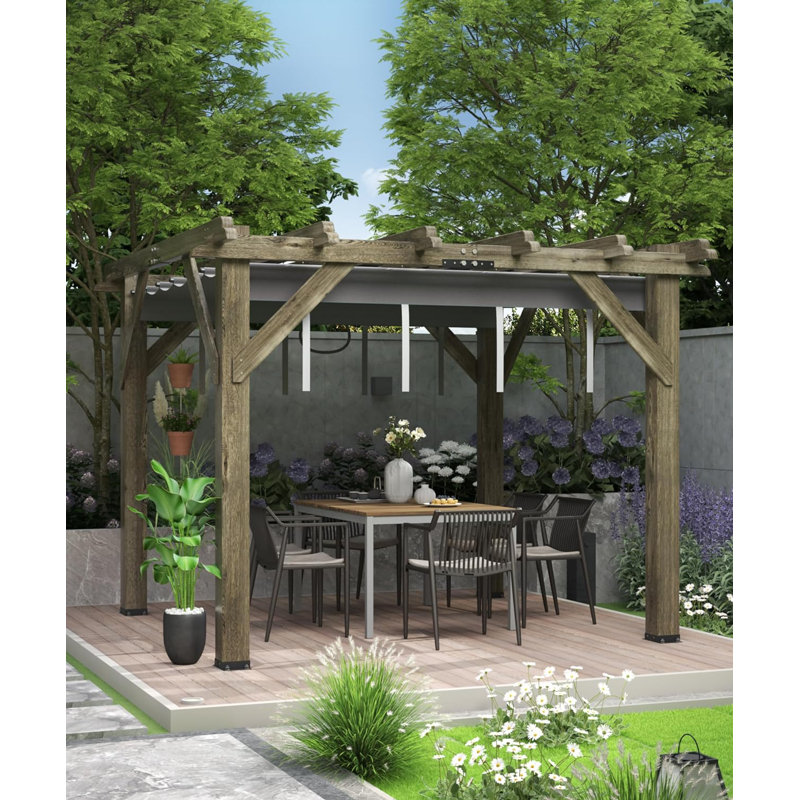 Yesurprise 10 X 10 Ft Wood Pergola With Retractable Sunshade Canopy ...