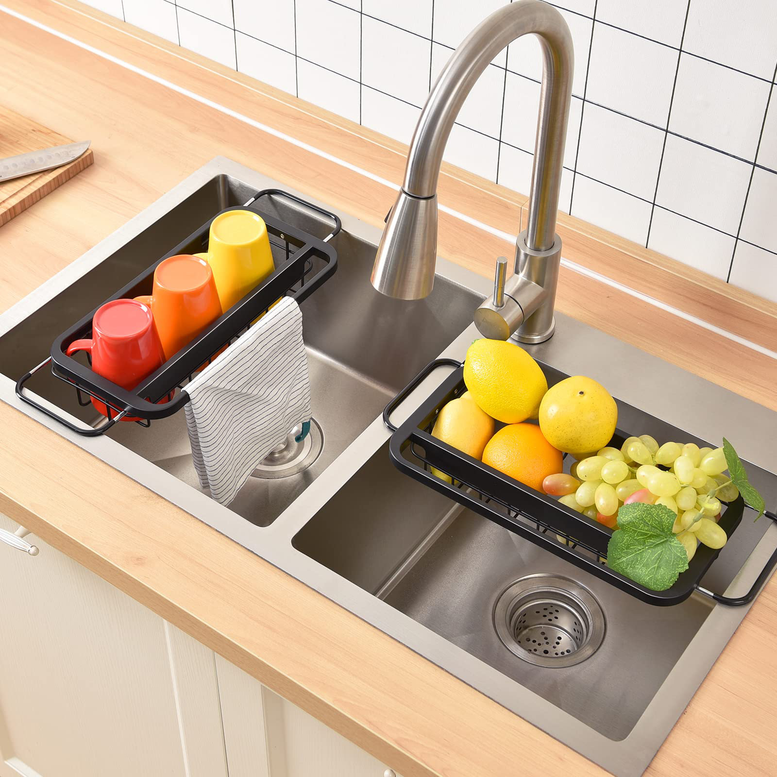 COOREL Expandable Sink Caddy, Sink Drying Rack With Dish Towel Bar ...