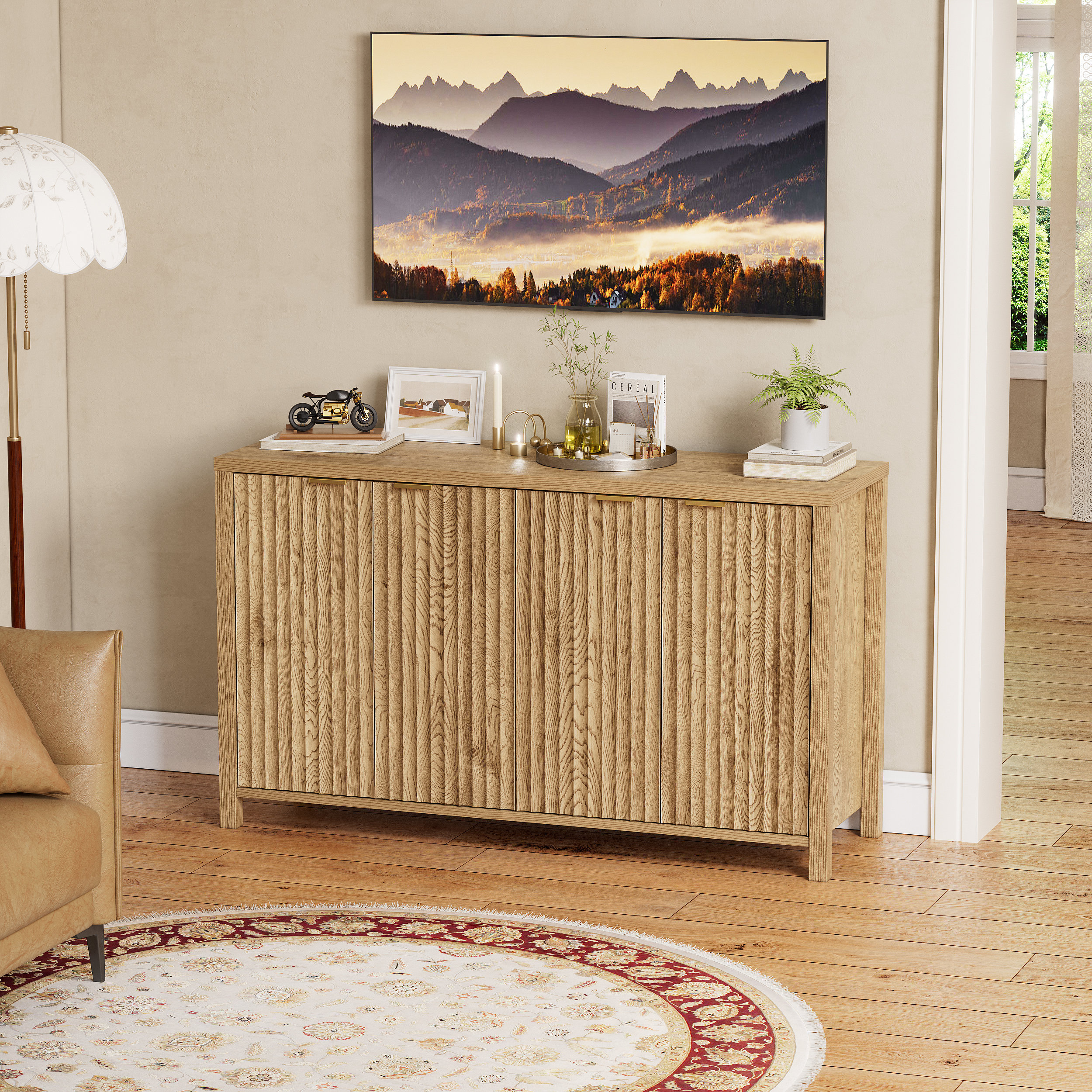 Ebern Designs Fluted Buffet Sideboard Cabinet With Power Outlet, 55.5 Inch Storage Cabinet With ...