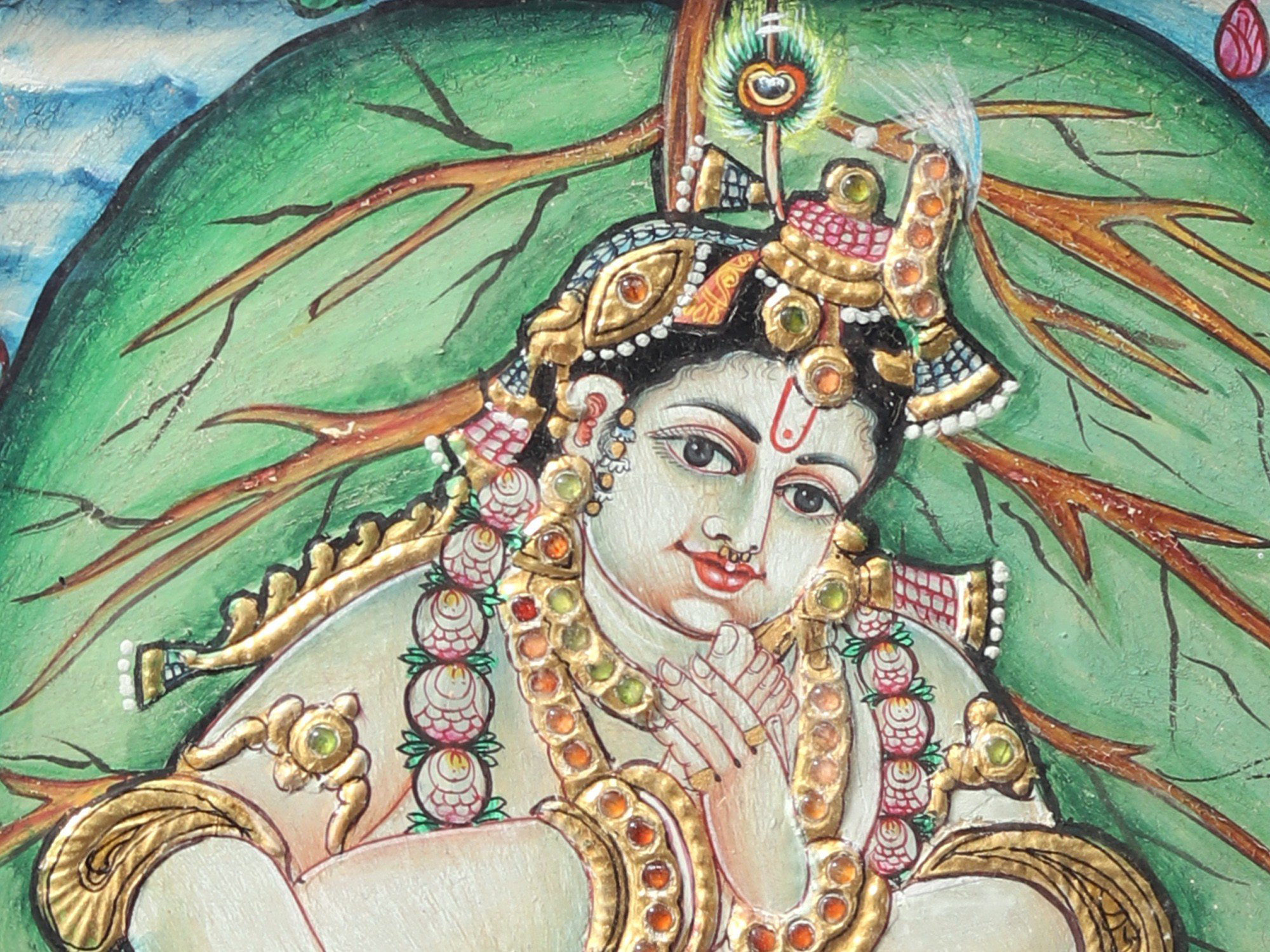 Exotic India Vintage Vatapatra-Shayi Krishna Tanjore Painting with Teakwood Frame | Wayfair