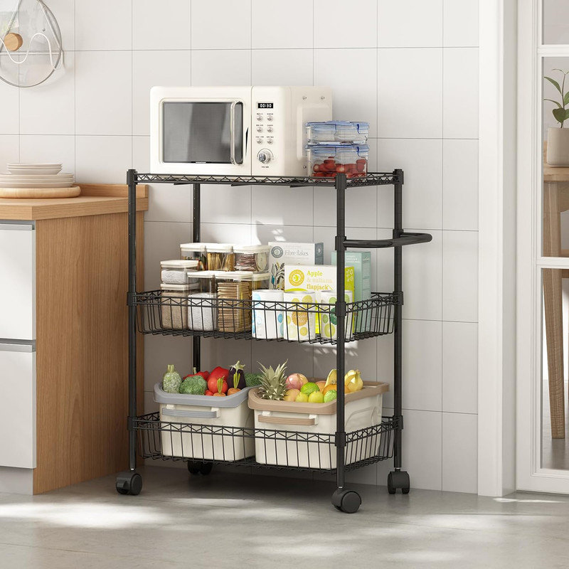 Sangdo 3 Tier Rolling Cart, Metal Kitchen Cart On Wheels with Baskets ...