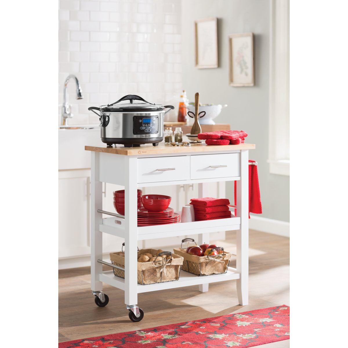 TRINITY White Kitchen Cart /w Natural Wood Top & Reviews | Wayfair