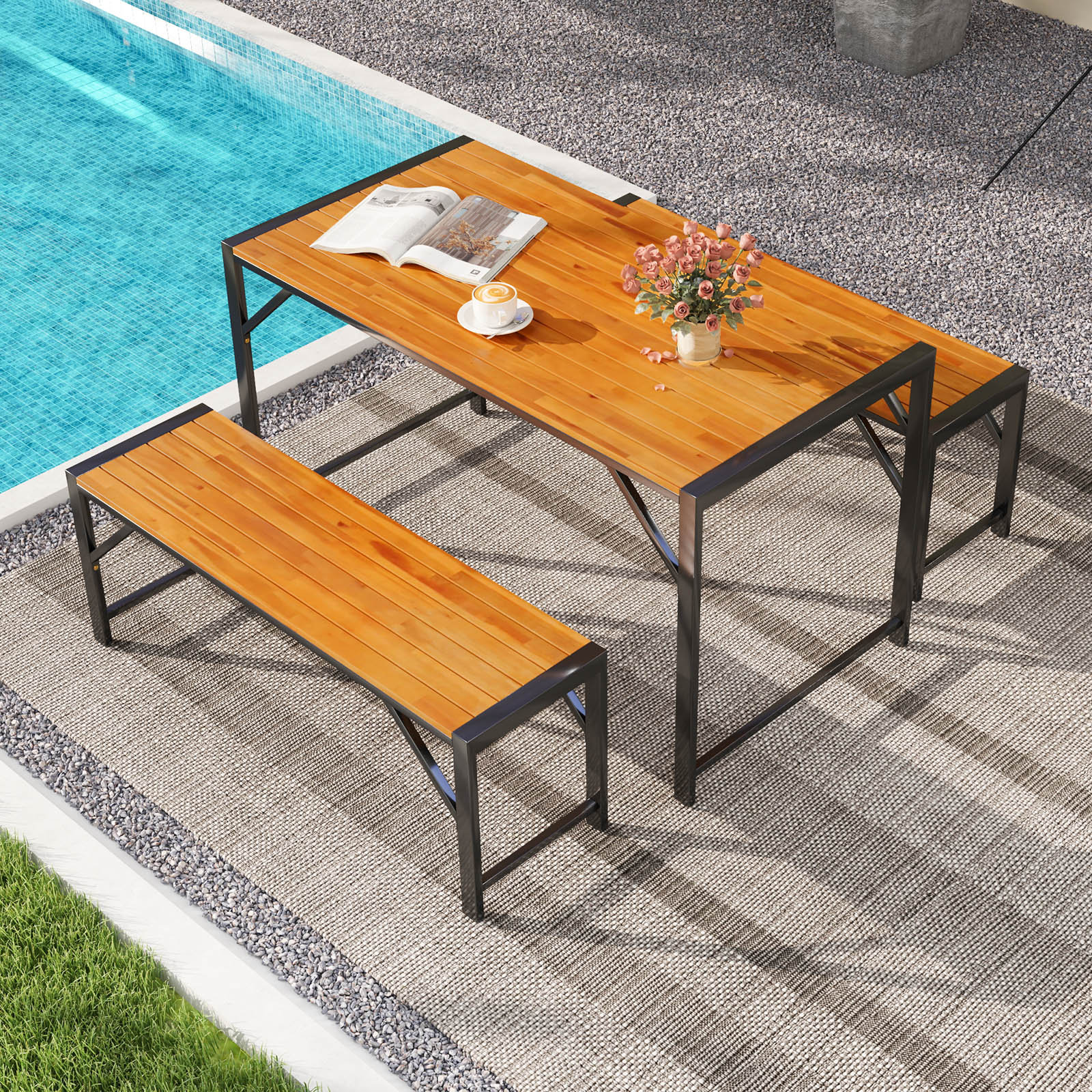17 Stories 3 Pcs Patio Dining Table Bench Set, 53 In. L Dining Table ...