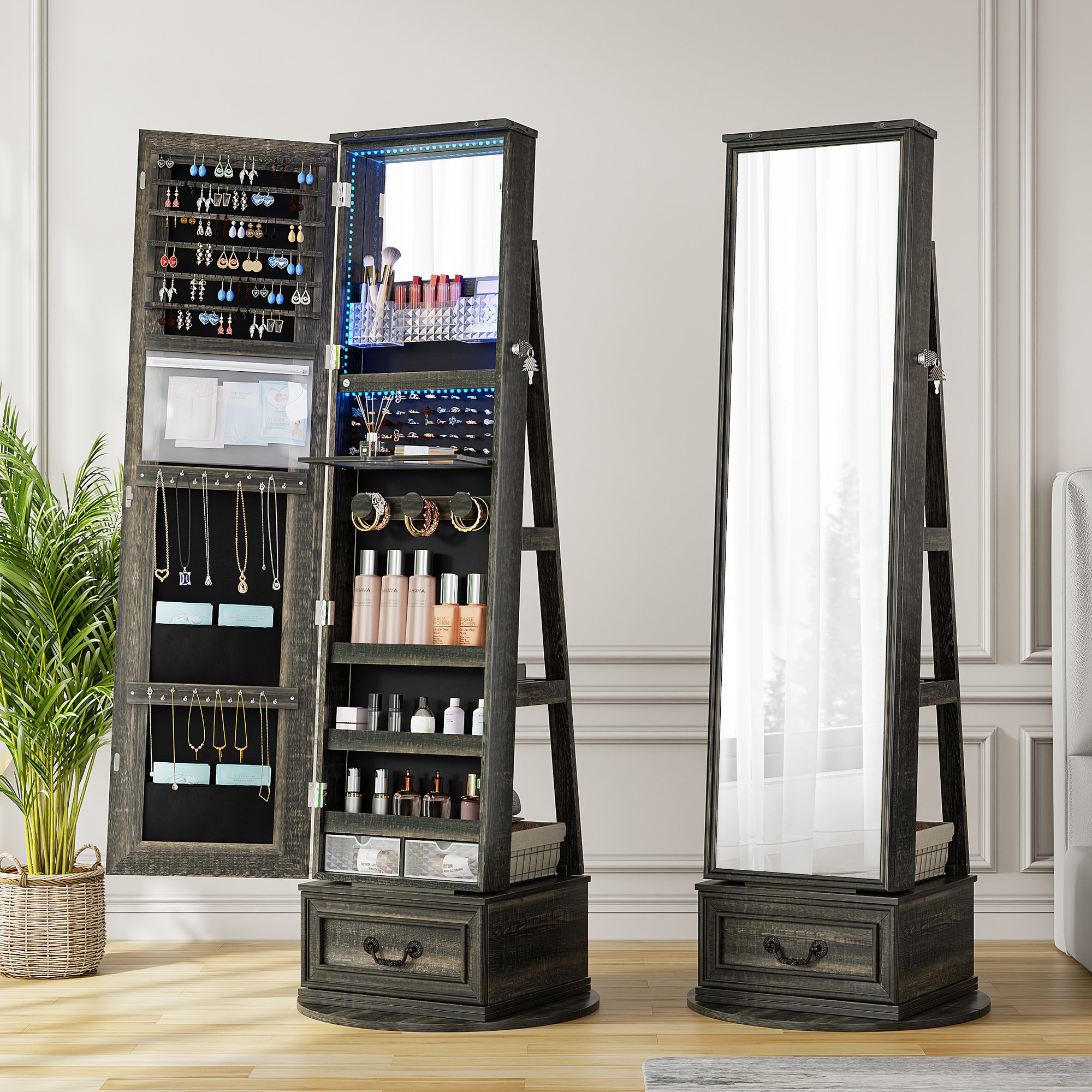 Alcott Hill® Jewelry Armoire Cabinet With Mirror, Led Lights, Rotating ...