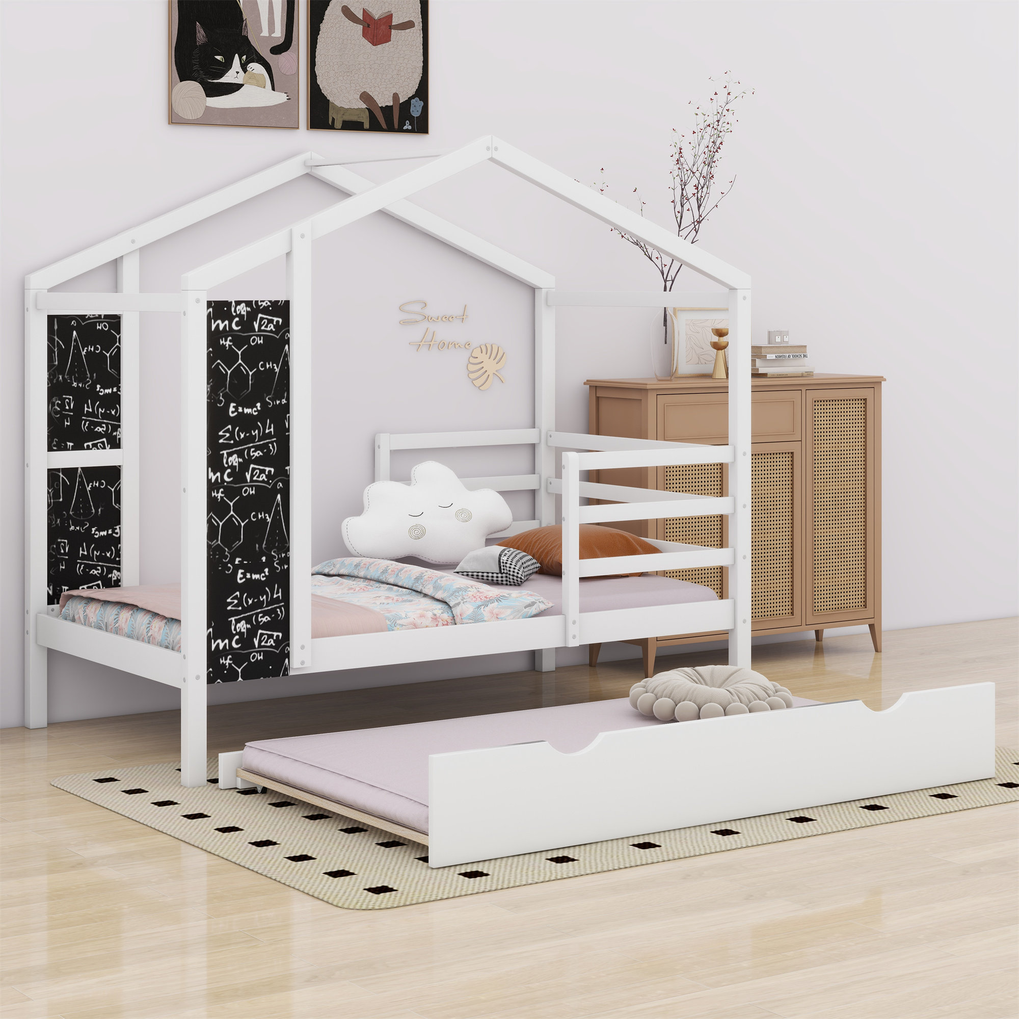 Harper Orchard Twin Size Wood House Bed With Fence And Writing Board ...