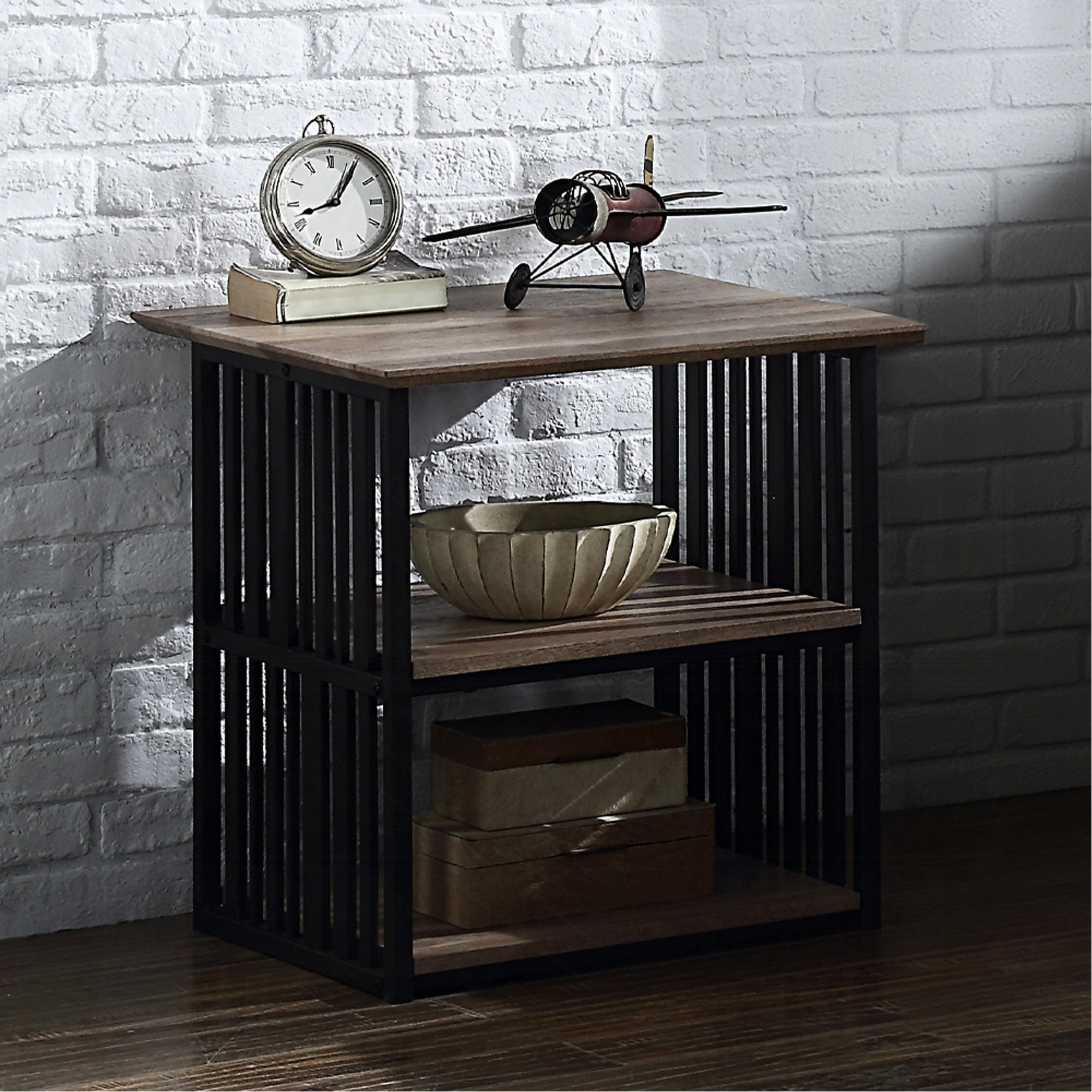 Everly Quinn Rustic Industrial Black And Antique Oak Finish Open ...