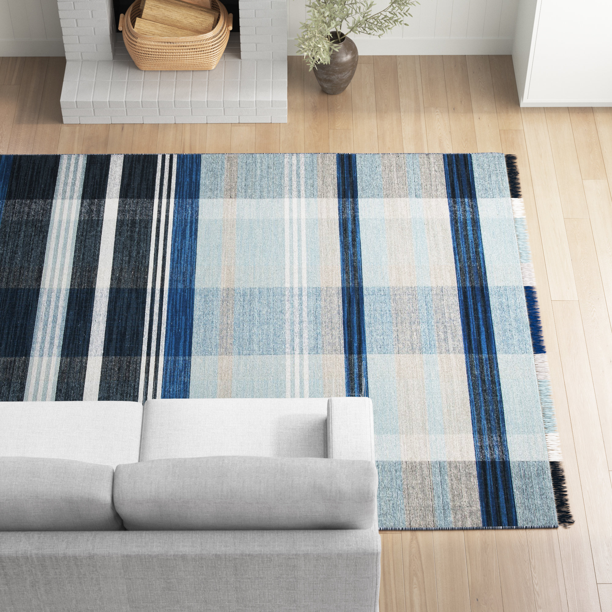 Highland Dunes Anjail Flat Weave Wool/Cotton Plaid Rug in Black/Blue ...