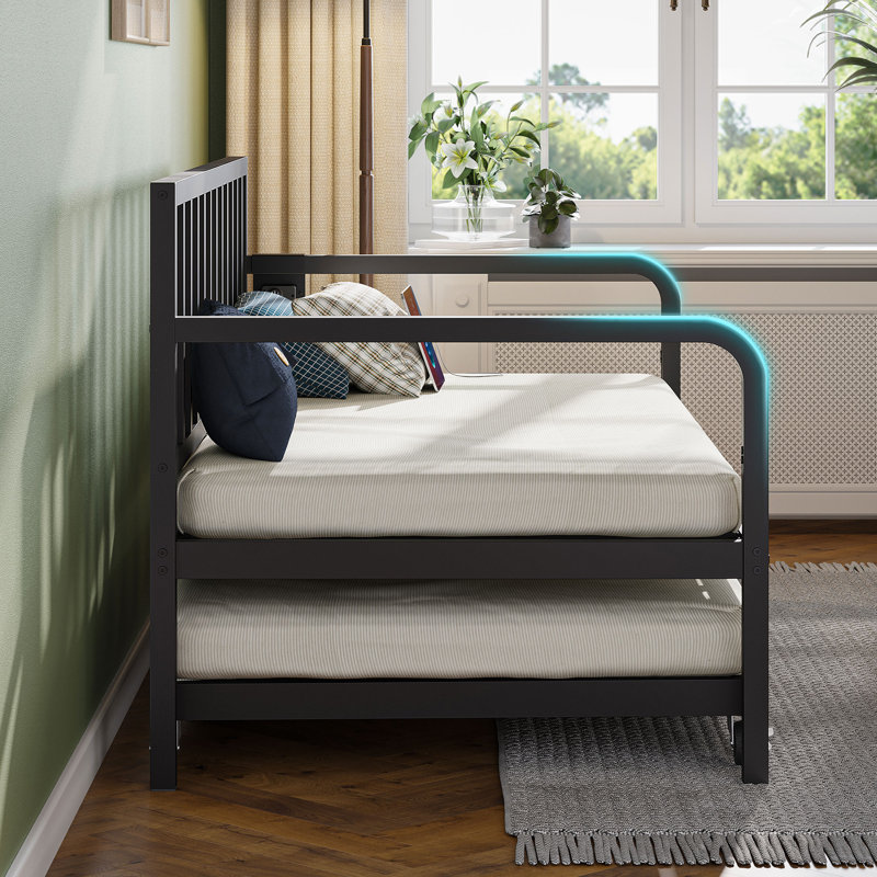 Ebern Designs Daybed with Trundle, Twin Day Bed with Charging station ...